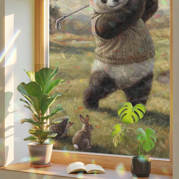 Cute Panda Window Privacy Film, Watercolor Pastoral Scenery Funny ...