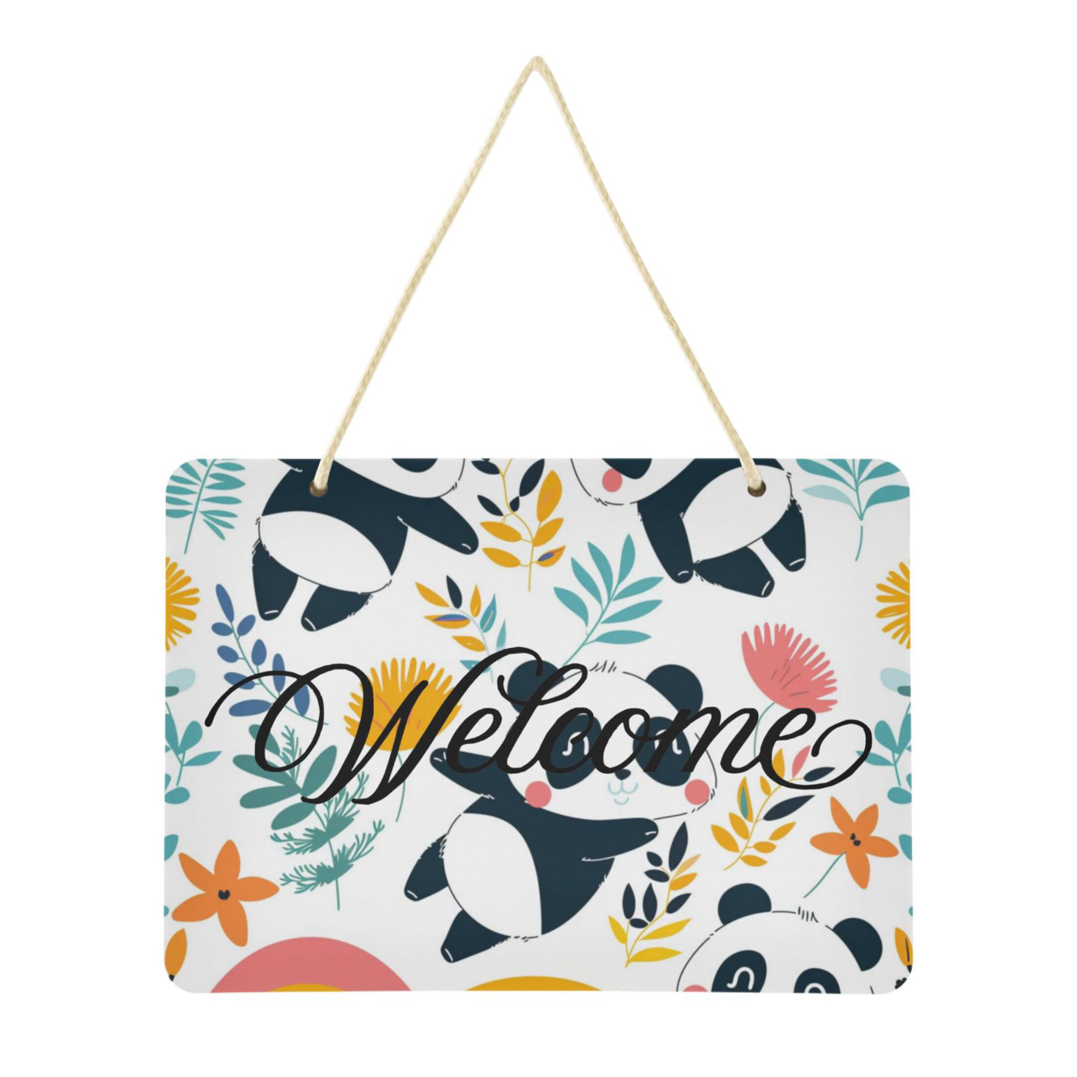 Cute Panda and Flower Welcome Sign Front Door PVC 14x10 inch Hanger ...