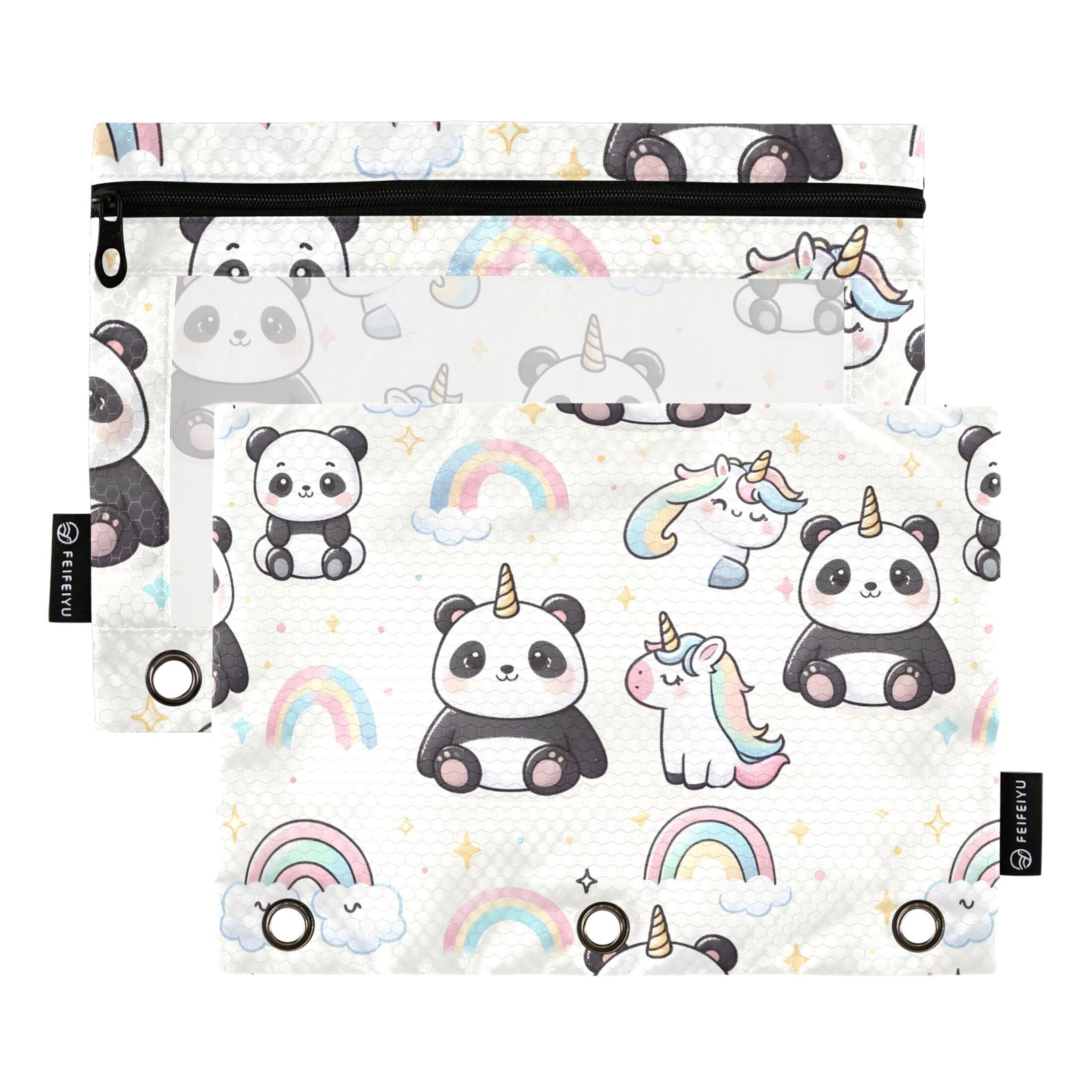 Cute Panda and Unicorn 2 Pack Pencil Pouch for 3 Ring Binder Smooth ...