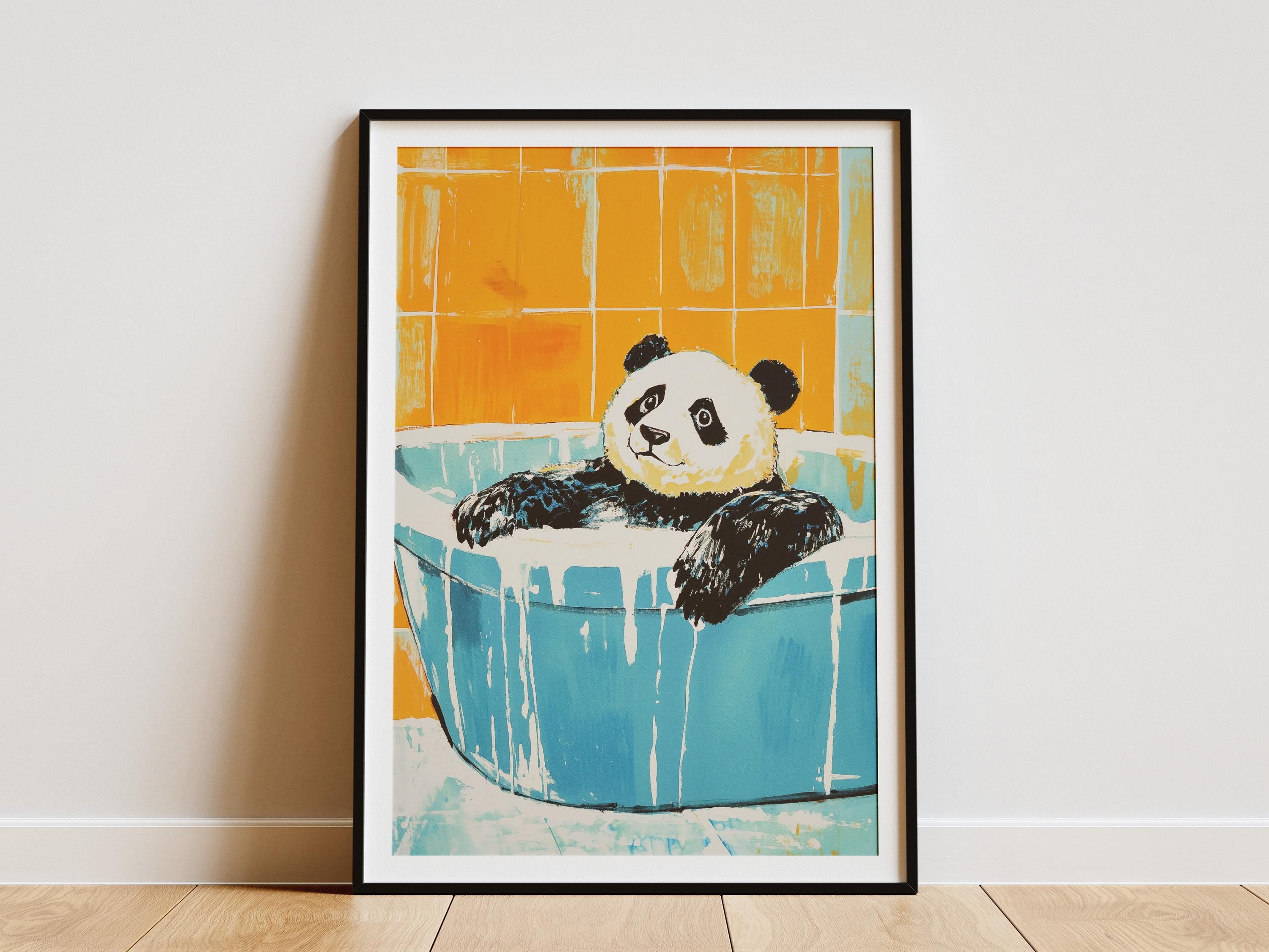 Cute Panda in a Bathtub Blue and Orange Bathroom Poster Print Funny ...