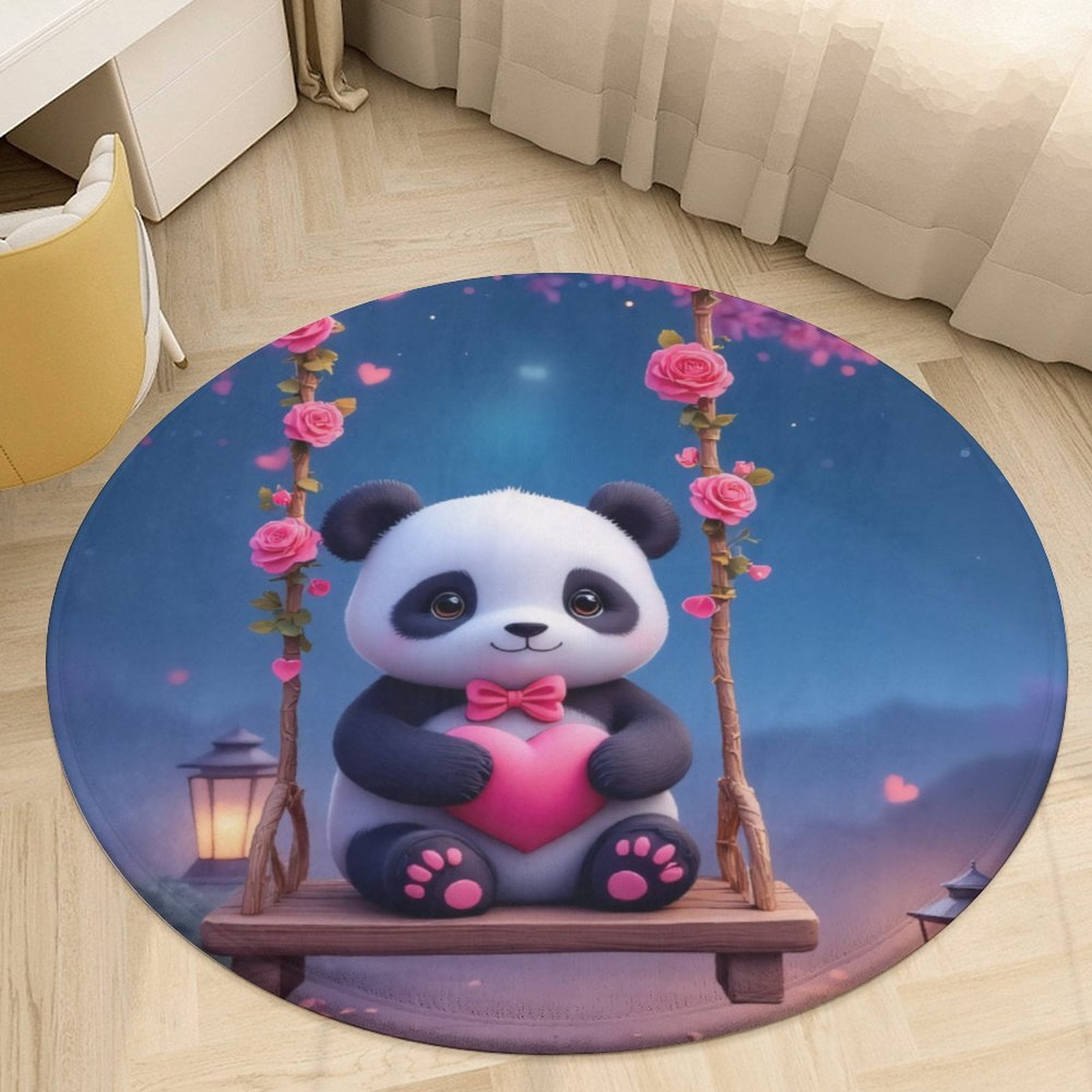 Cute Panda on Swing with Roses Round Area Rugs for Bedroom Living Room ...