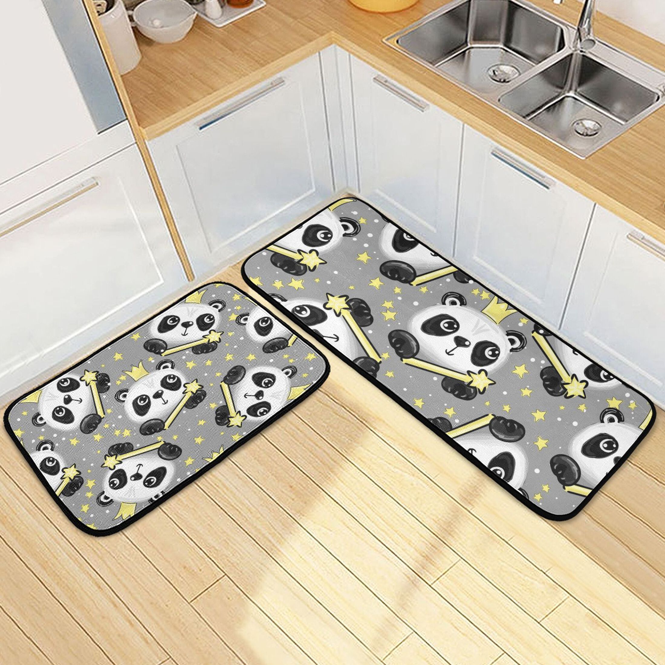 Cute Panda with Crown and Stars Kitchen Rugs Set of 2 Non Slip Floor ...