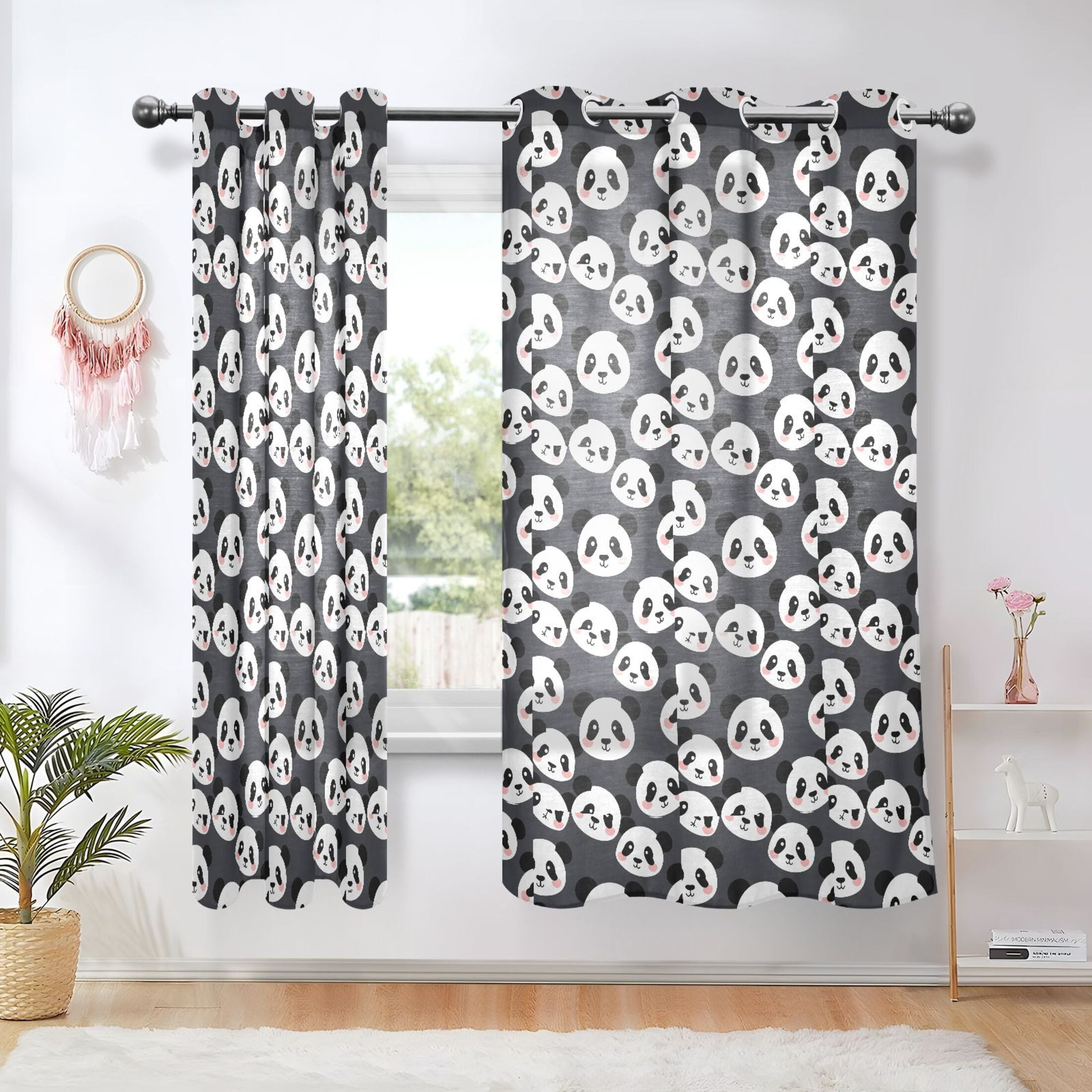 Cute Pandas Face Sheer Curtains 2 Panels Set Grommet Drapes for Bedroom ...