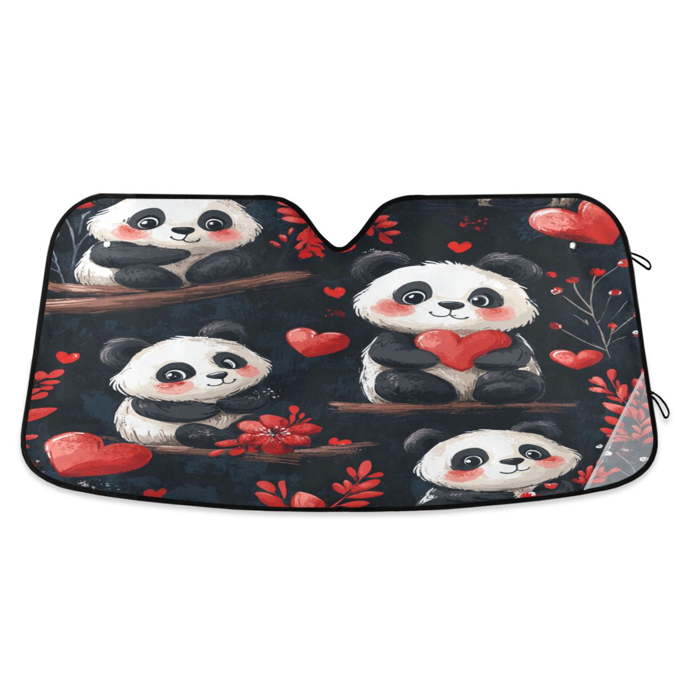 Cute Pandas Hug Red Hearts Leaves Windshield Sun Shade Automobile Visor Accordion Folding Car ...