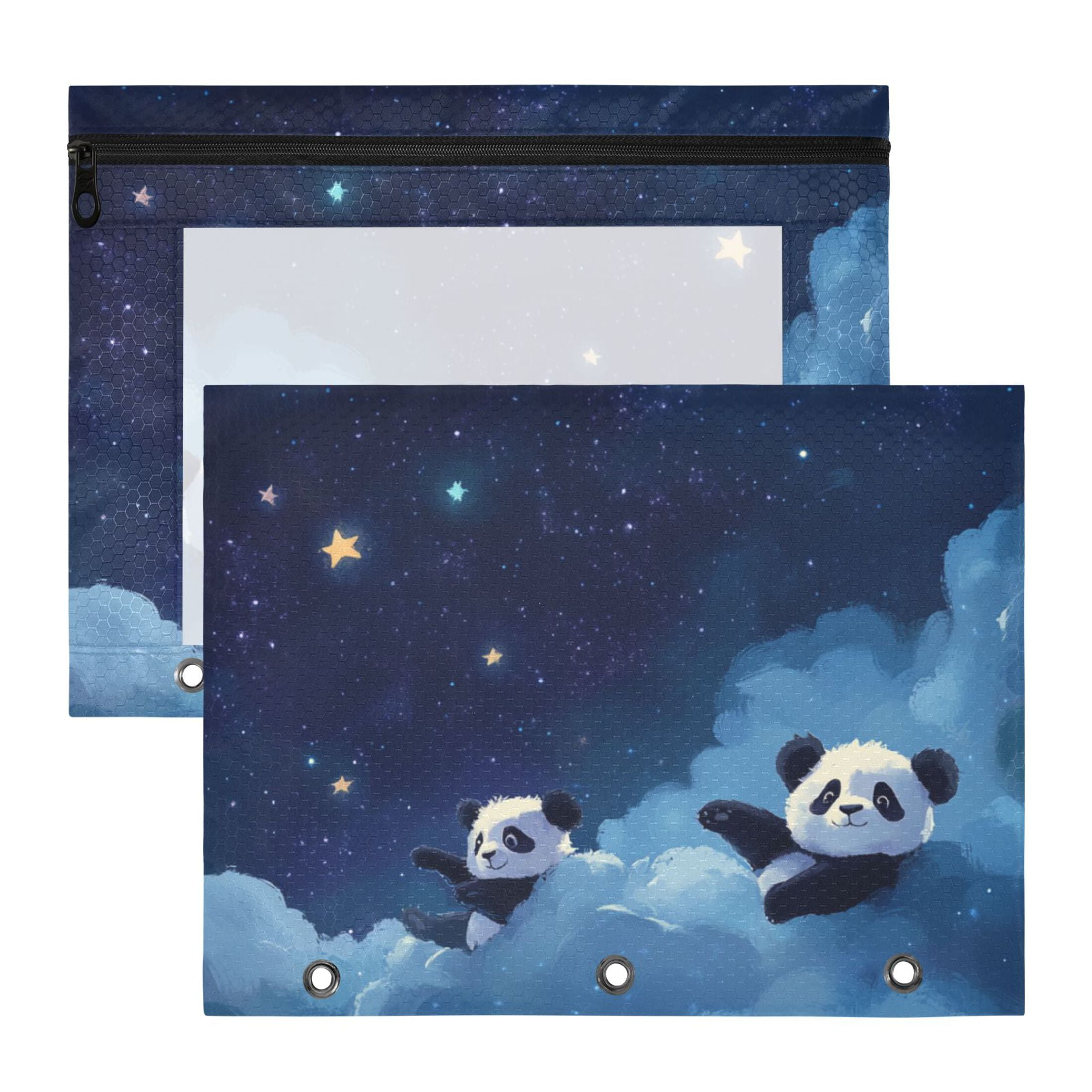 Cute Pandas Lying on Clouds Stars 3-Ring Binder Pouches A4 Size Zipper ...