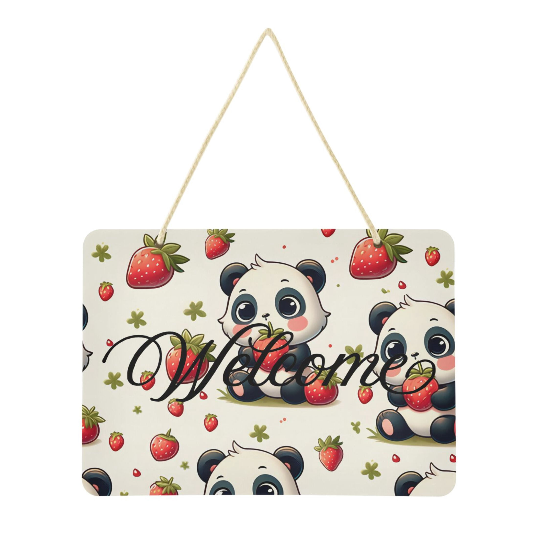 Cute Pandas and Strawberries Welcome Sign Front Door PVC 14x10 inch ...