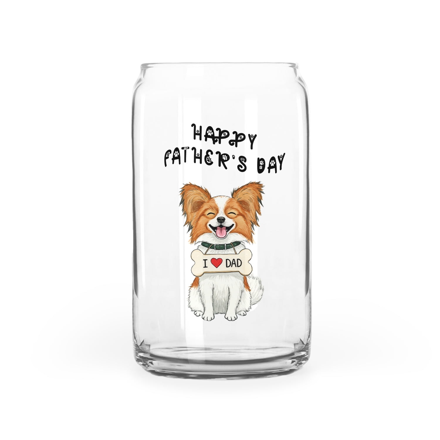 Cute Papillon Loves Dad Happy Father's Day 16oz Glass Cup Mug Pap Butterfly Dog Lover Glass Can ...