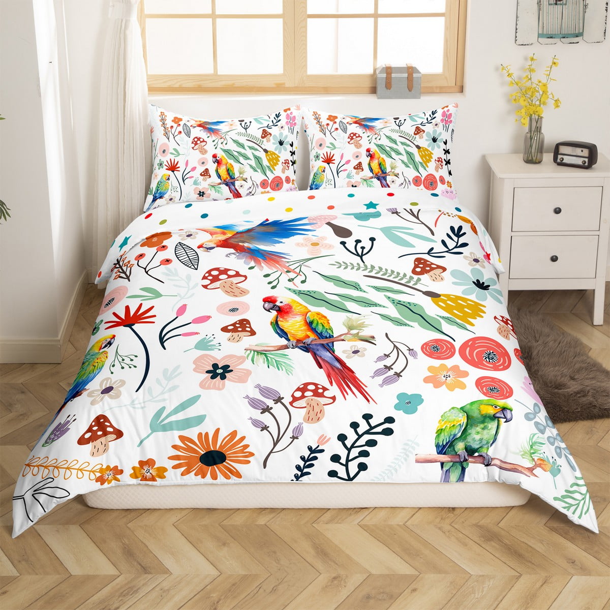 Cute Parrot King Bedding Sets for Girls,Mushroom Floral Comforter Cover ...