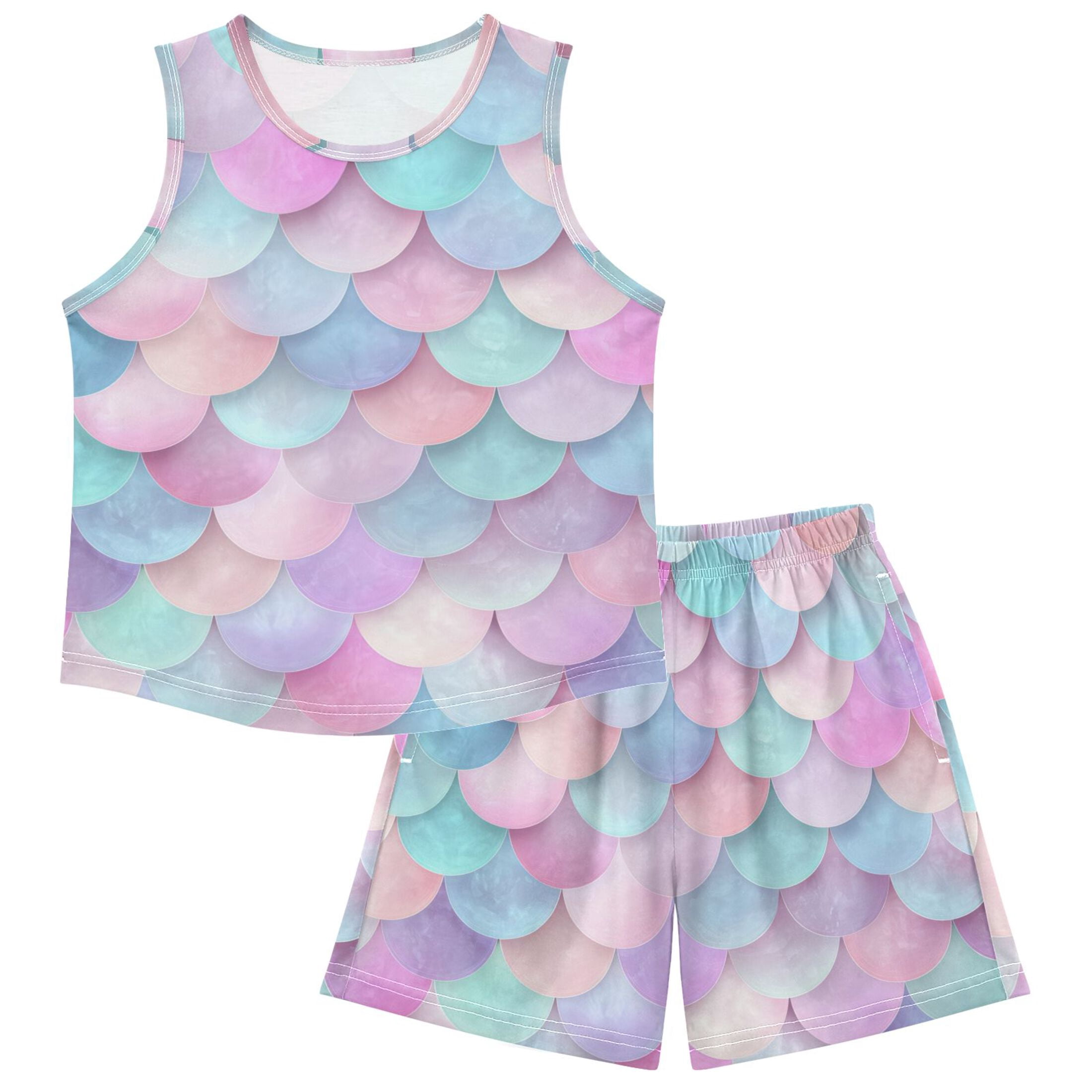 Cute Pastel Color Mermaid Scale Pajamas Set Sleeveless Sleepwear Tank ...