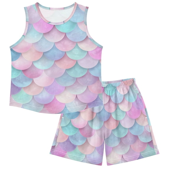 Cute Pastel Color Mermaid Scale Pajamas Set Sleeveless Sleepwear Tank ...