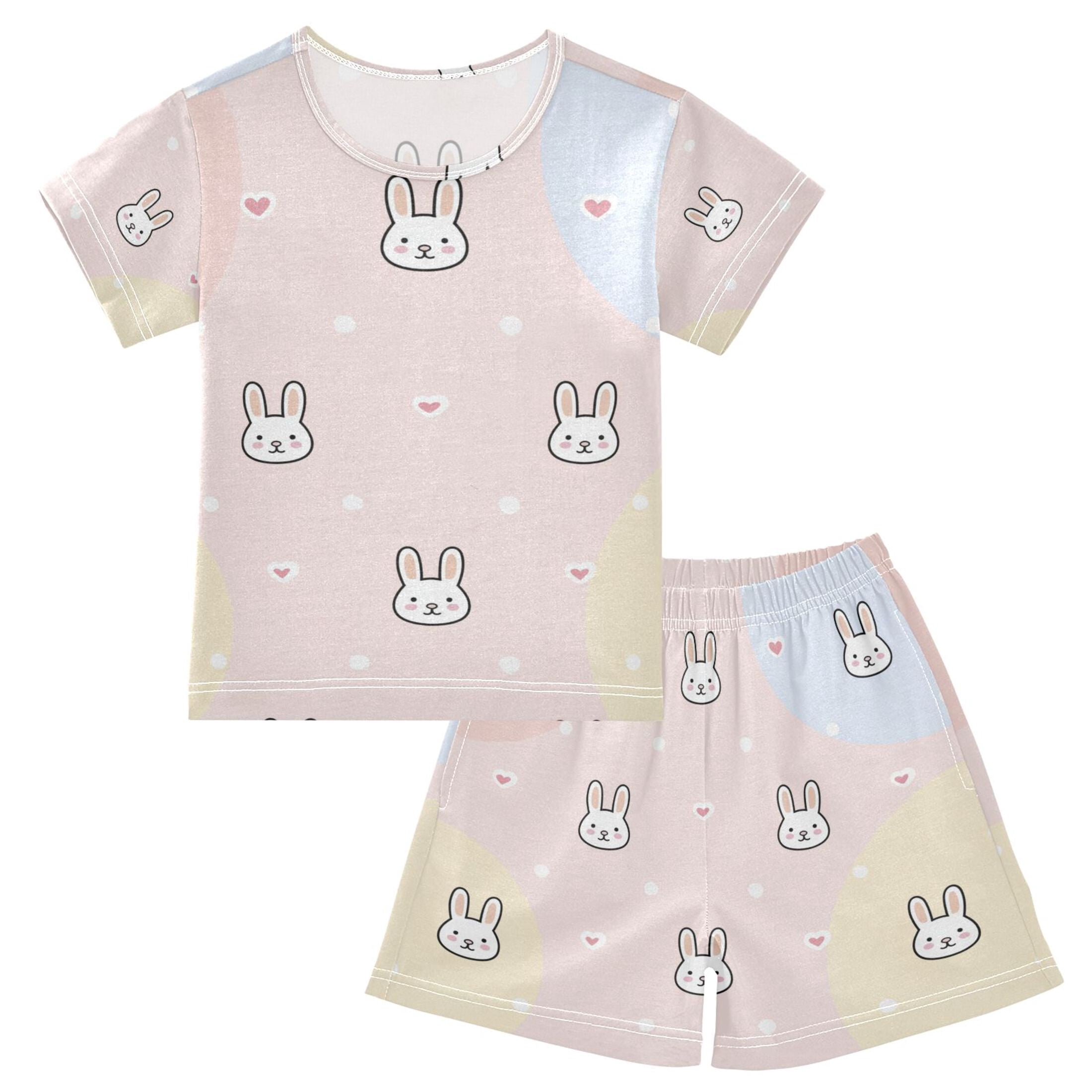 Cute Pastel Polka Dots Hearts Rabbit Valentine Pajamas Set Short ...
