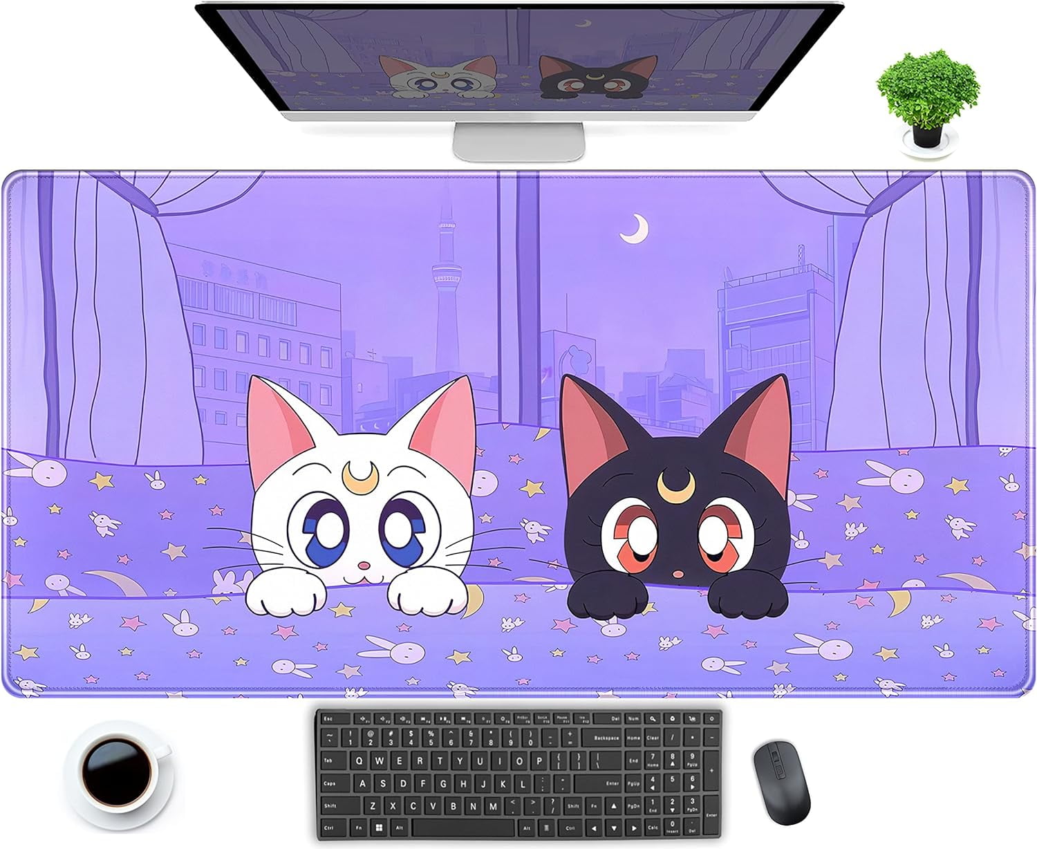 Cute Pastel Purple Desk Mat Kawaii Anime Cat Large XXL Gaming Mouse Pad ...