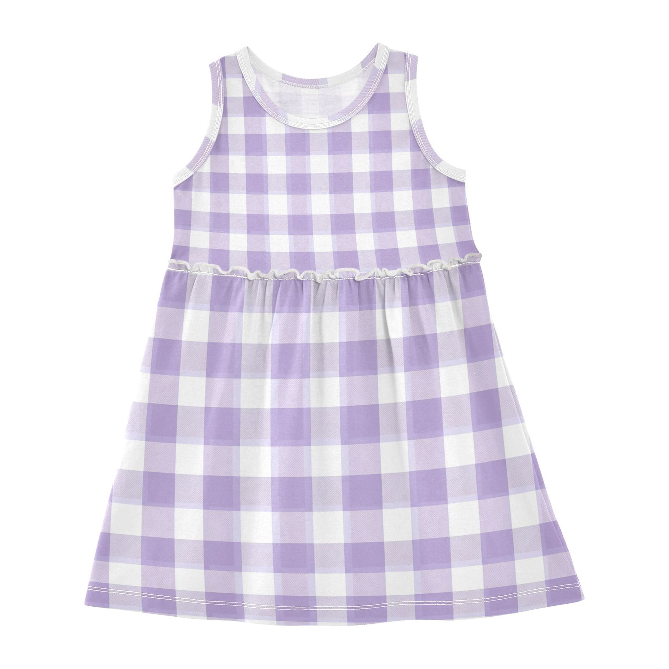 Cute Pastel Purple Gingham Pattern Sleeveless Dress A-Line One-Piece ...