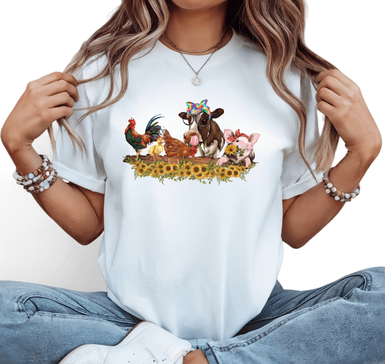 Cute Pastoral Farm Animal Combo White S-5XL Women's Cotton Print Tshirt ...
