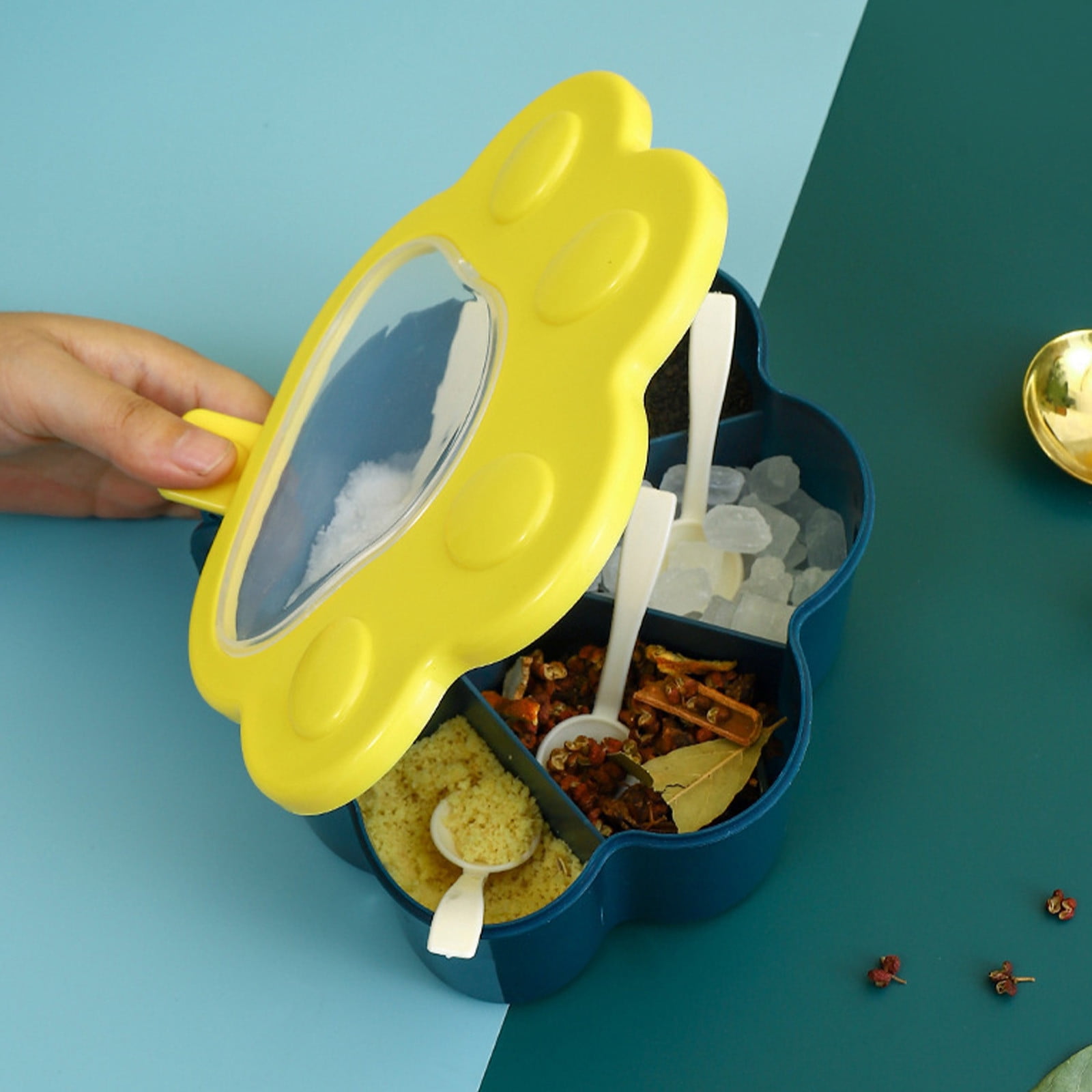 Cute Paw Design 5-Compartment Kitchen Seasoning Storage Box with Clear ...