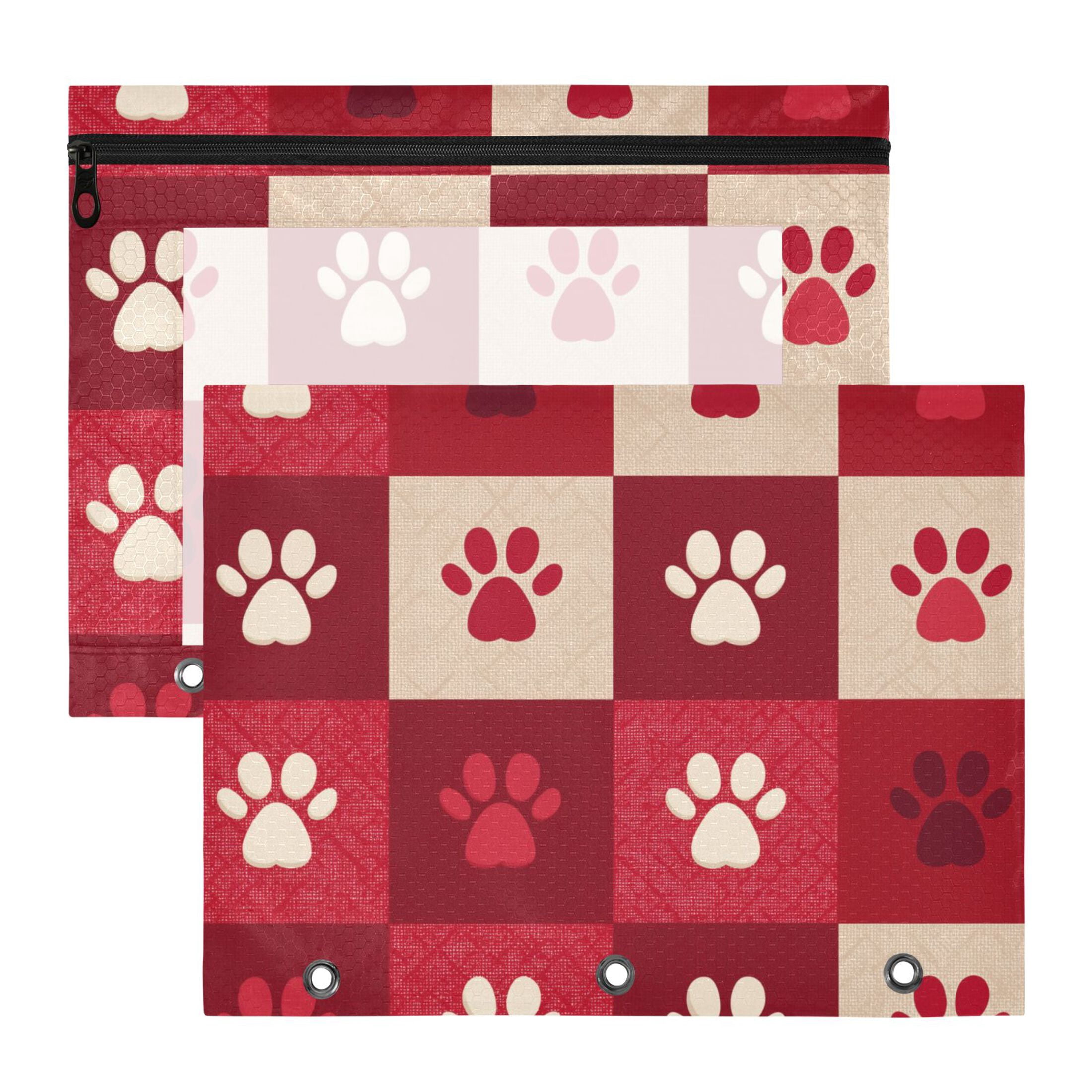 Cute Paw Print in Red Checkerboard 3-Ring Binder Pocket with Zipper ...