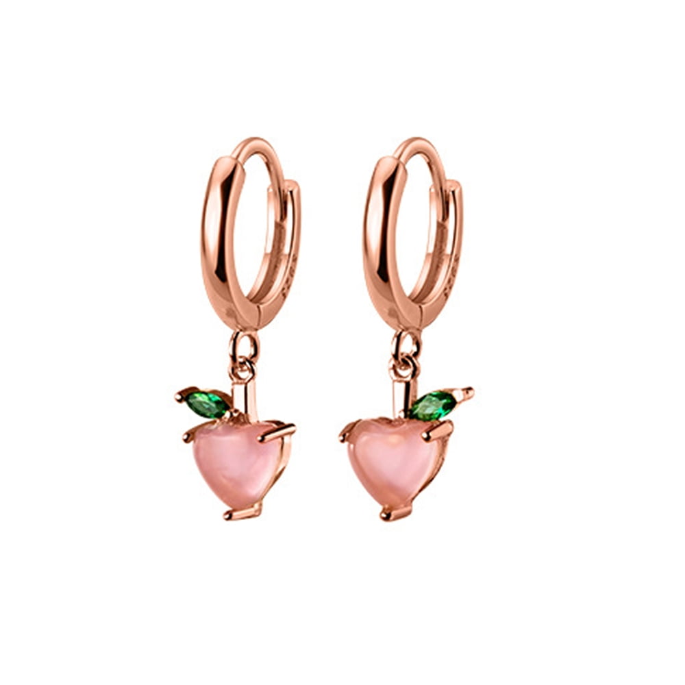 Cute Peach Dangle Hoop Earrings Sterling Silver Rose Gold Crystal Fruit ...
