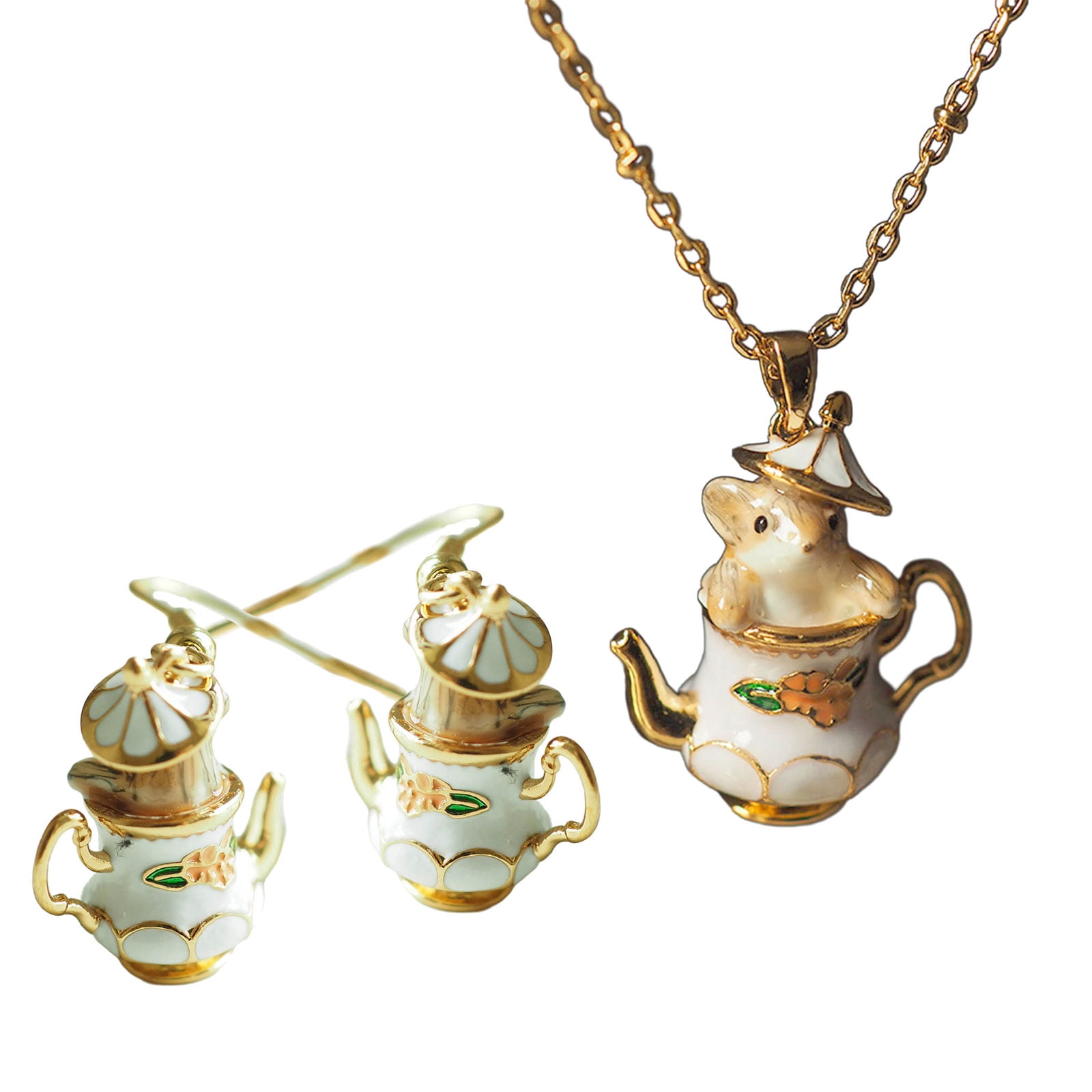 Cute Pendant Necklace Chipmunk Teapot Dangle Earrings Jewelry Set Chain ...