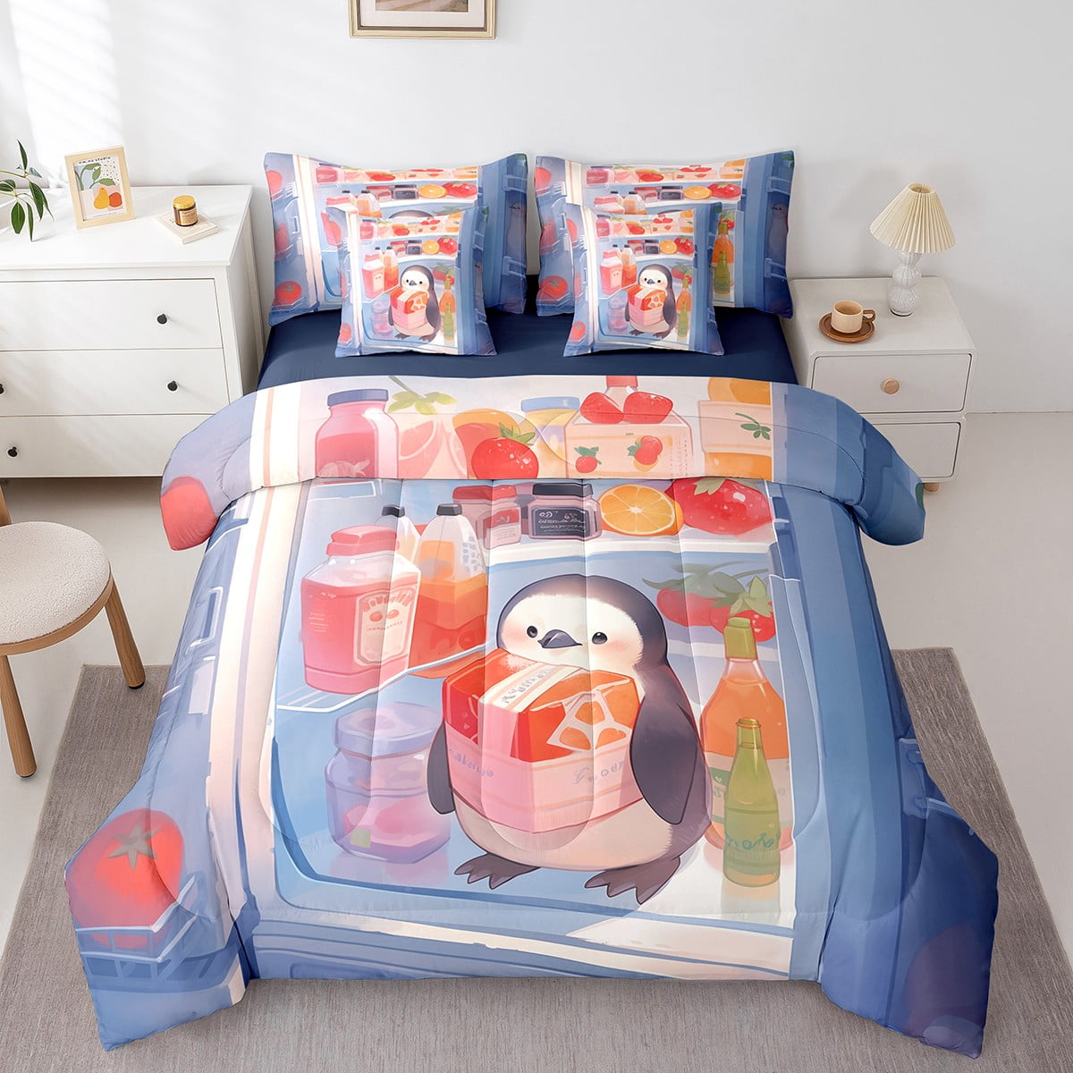Cute Penguin 7 Pcs Comforter Set Twin Size,Fresh Fruits Bedding,Cartoon ...