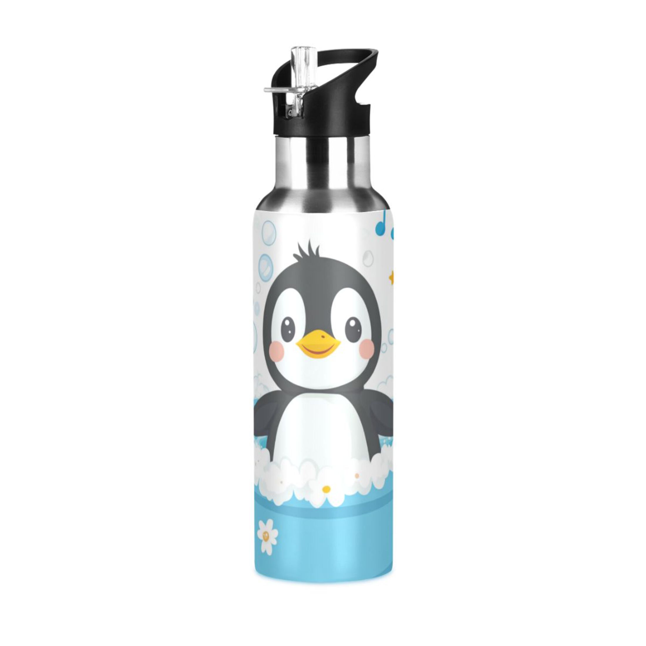 Cute Penguin Bathing Sports Bottle with Straw Stainless Steel Water Jug ...