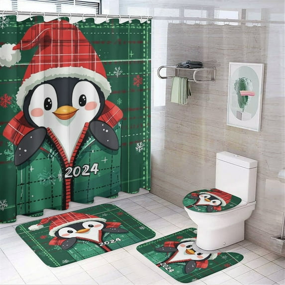 Cute Penguin in A Christmas Hat 2024 Shower Curtain Sets with Rugs 4 ...