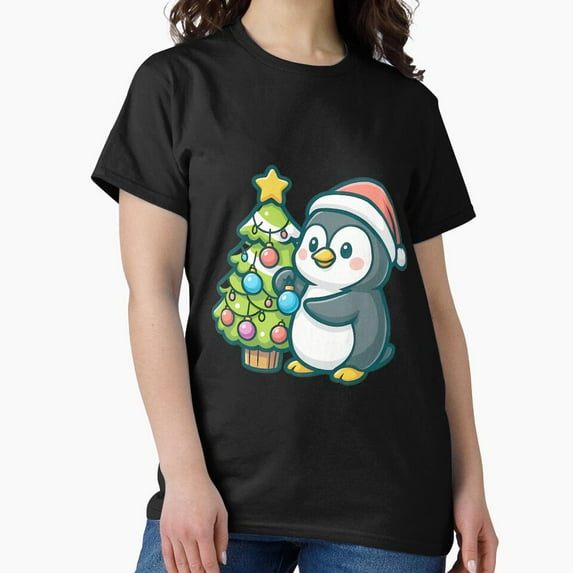 Cute Penguin Decorates Christmas Tree Funny Holiday Animal Art M11133 T ...