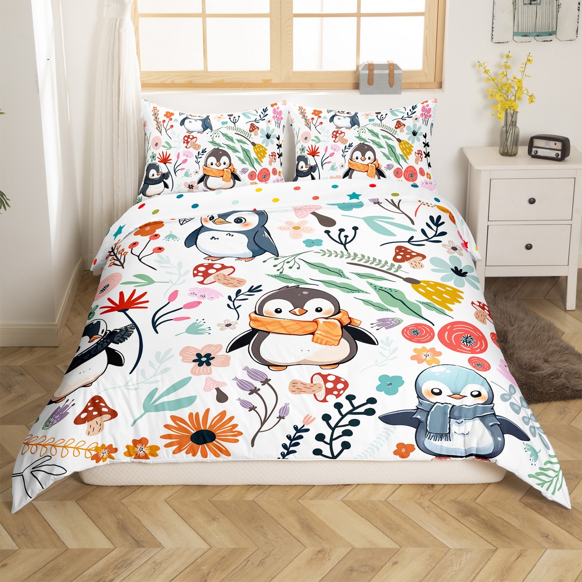 Cute Penguin Duvet Cover Mushroom Floral Twin Bedding Sets,Cartoon ...