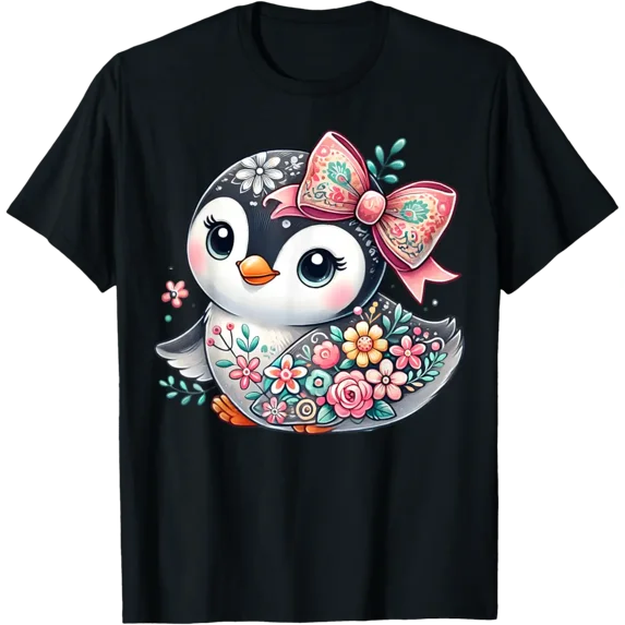 Cute Penguin Floral Flower Graphic Penguin Lover Girls Women T-Shirt ...