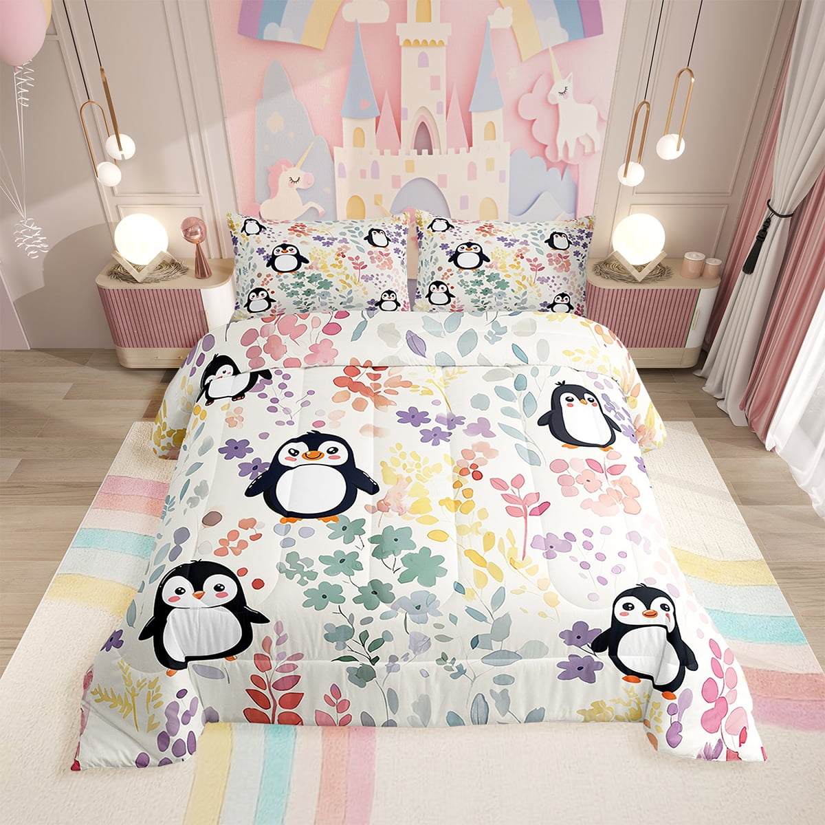 Cute Penguin Full Comforter Set,Colorful Flower Penguin Kawaii Bedding ...