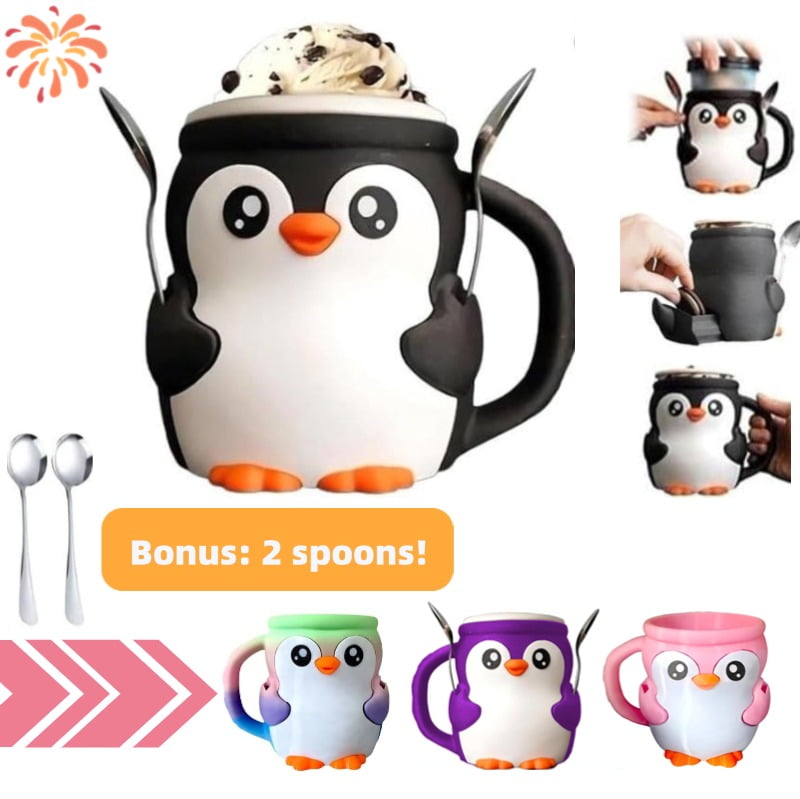 Cute Penguin Ice Cream Pint Holder, 16oz 3D Printed Ice Cream Pint Cozy with Spoon Slot and ...