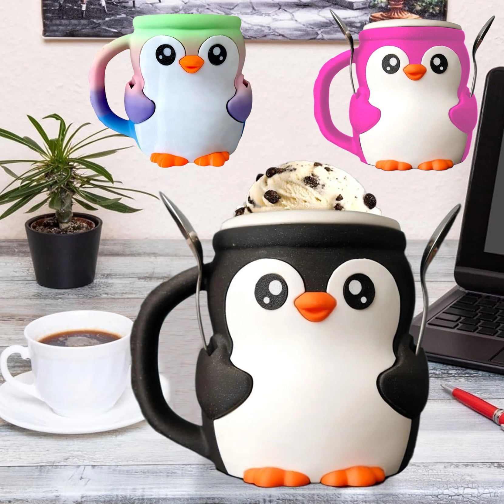 Cute Penguin Ice Cream Pint Holder with 2 Spoons, Pebbles the Penguin ...