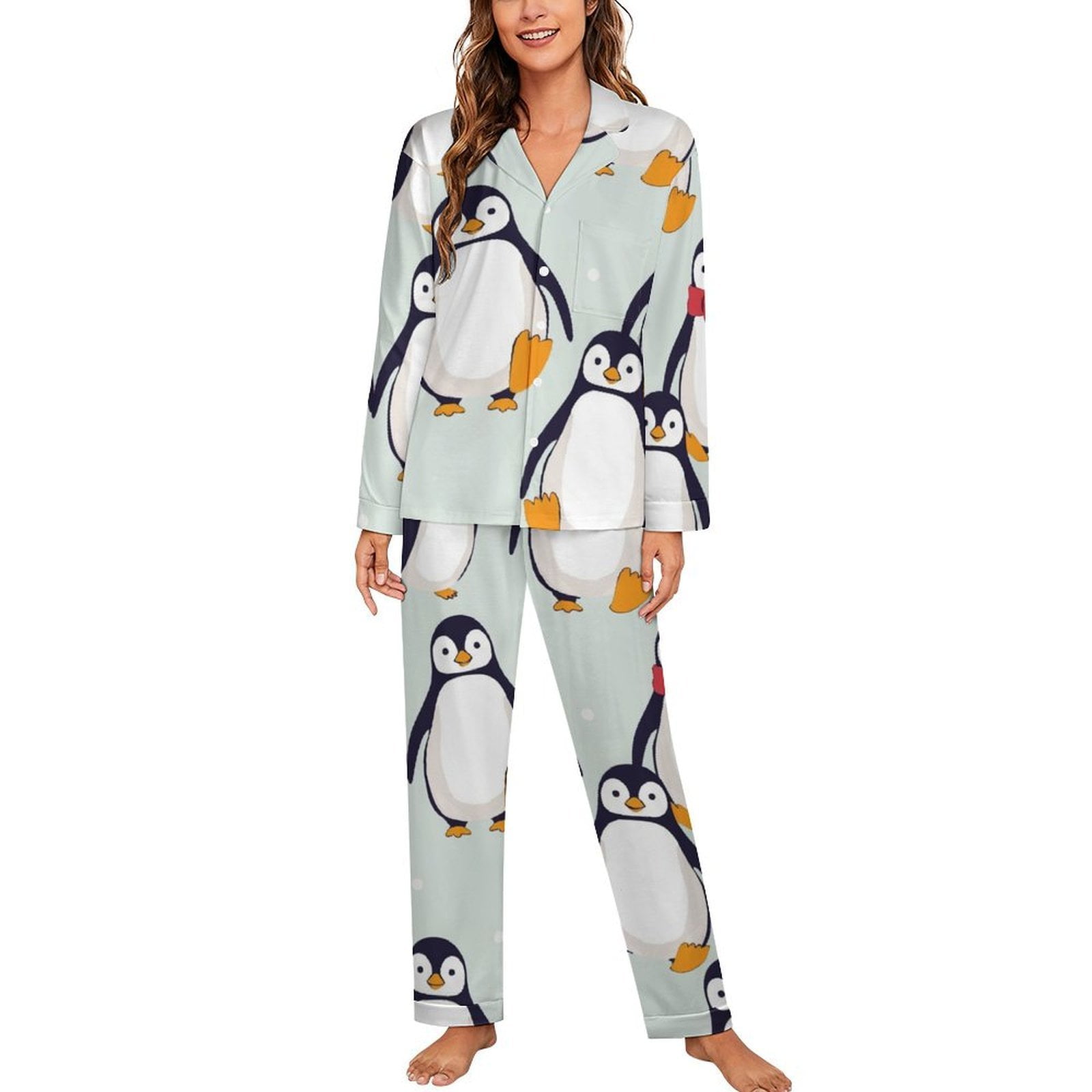 Cute Penguin Pajamas Long-Sleeve Two Piece Pajamas Set Women V Neck ...