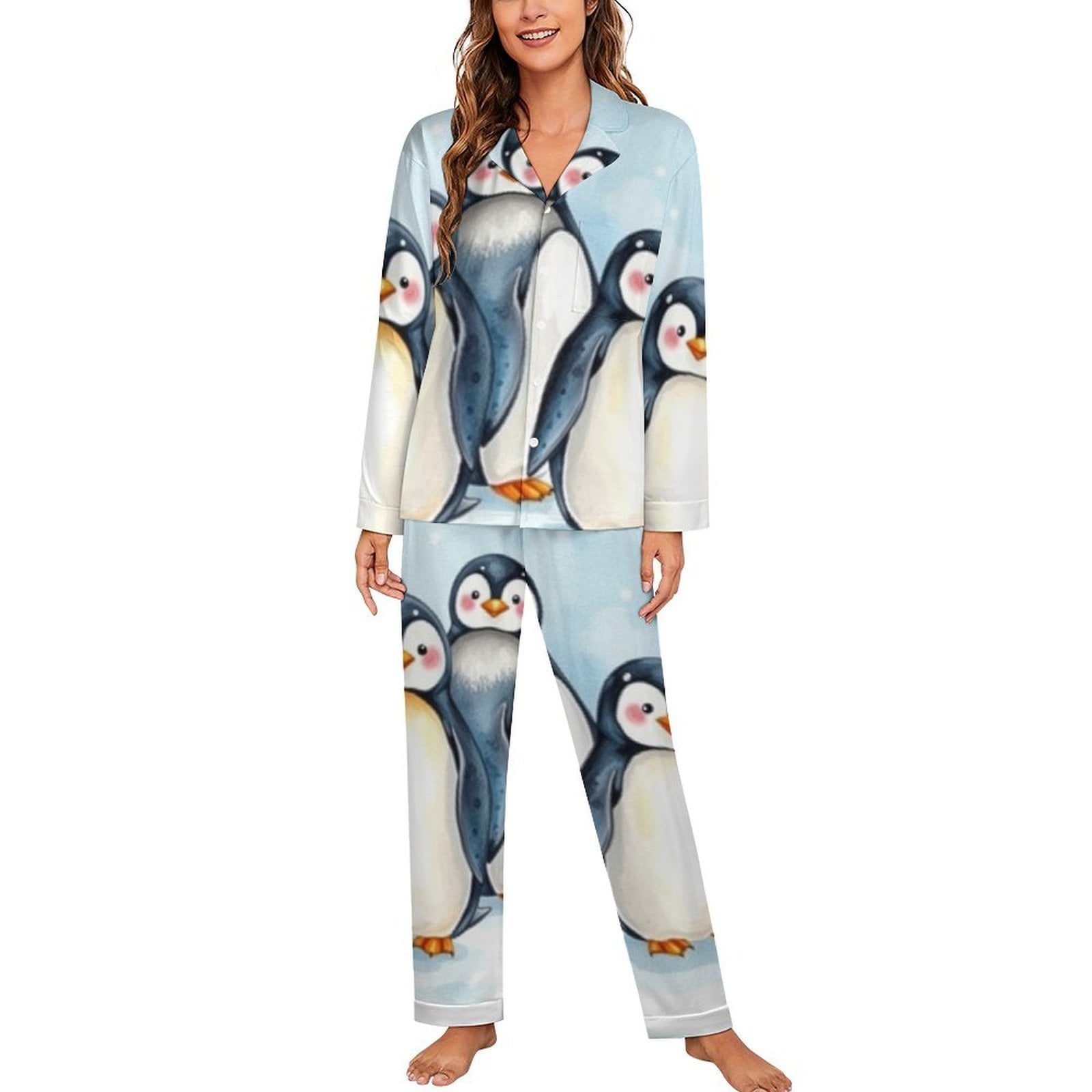 Cute Penguin Pajamas Long-Sleeve Two Piece Pajamas Set Women V Neck ...