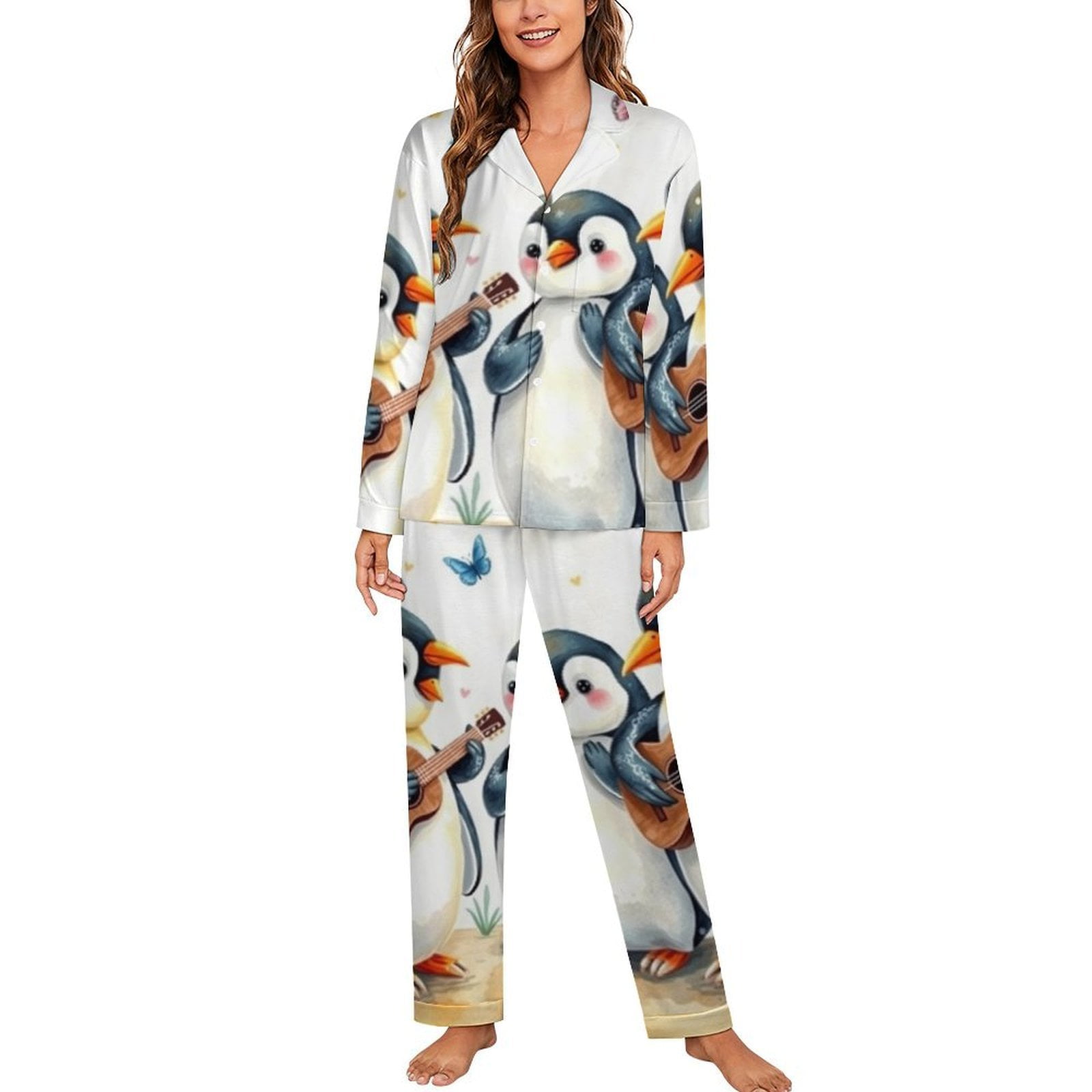 Cute Penguin Pajamas Woman Home Suit Autumn Long Sleeve 2 Piece Night V ...