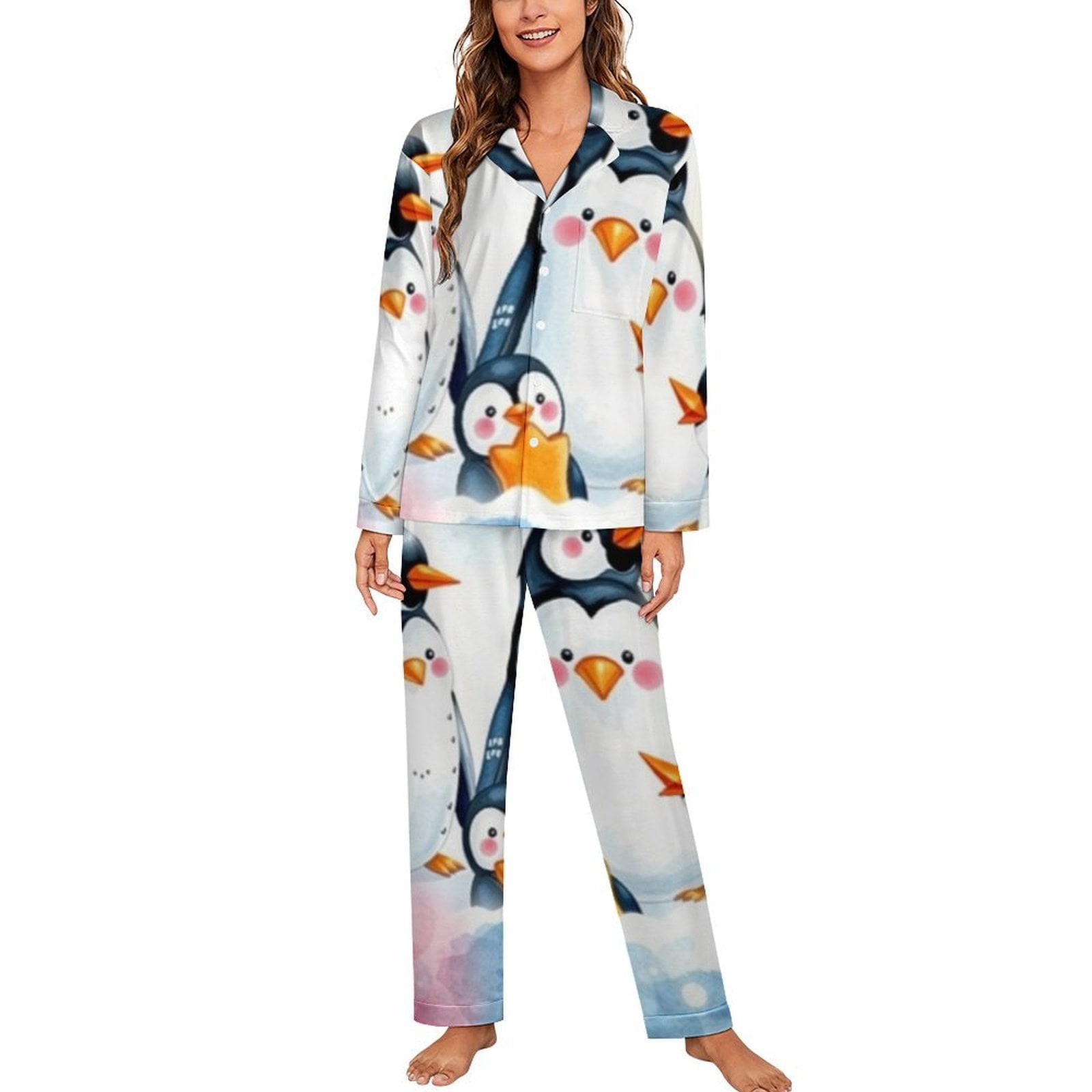 Cute Penguin Pajamas Woman Home Suit Autumn Long Sleeve 2 Piece Night V ...