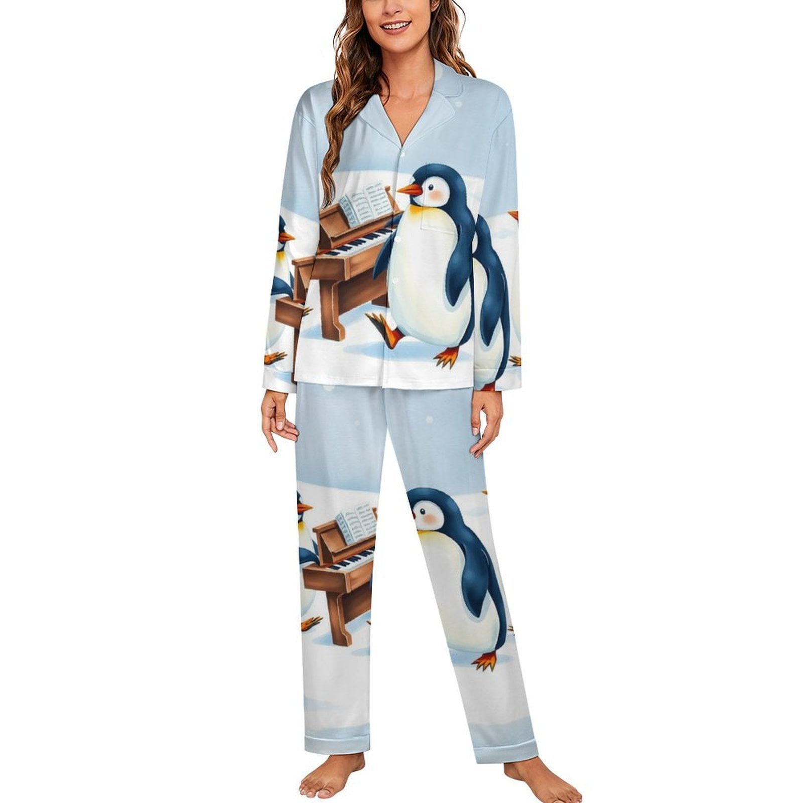 Cute Penguin Pajamas Woman Home Suit Autumn Long Sleeve 2 Piece Night V ...