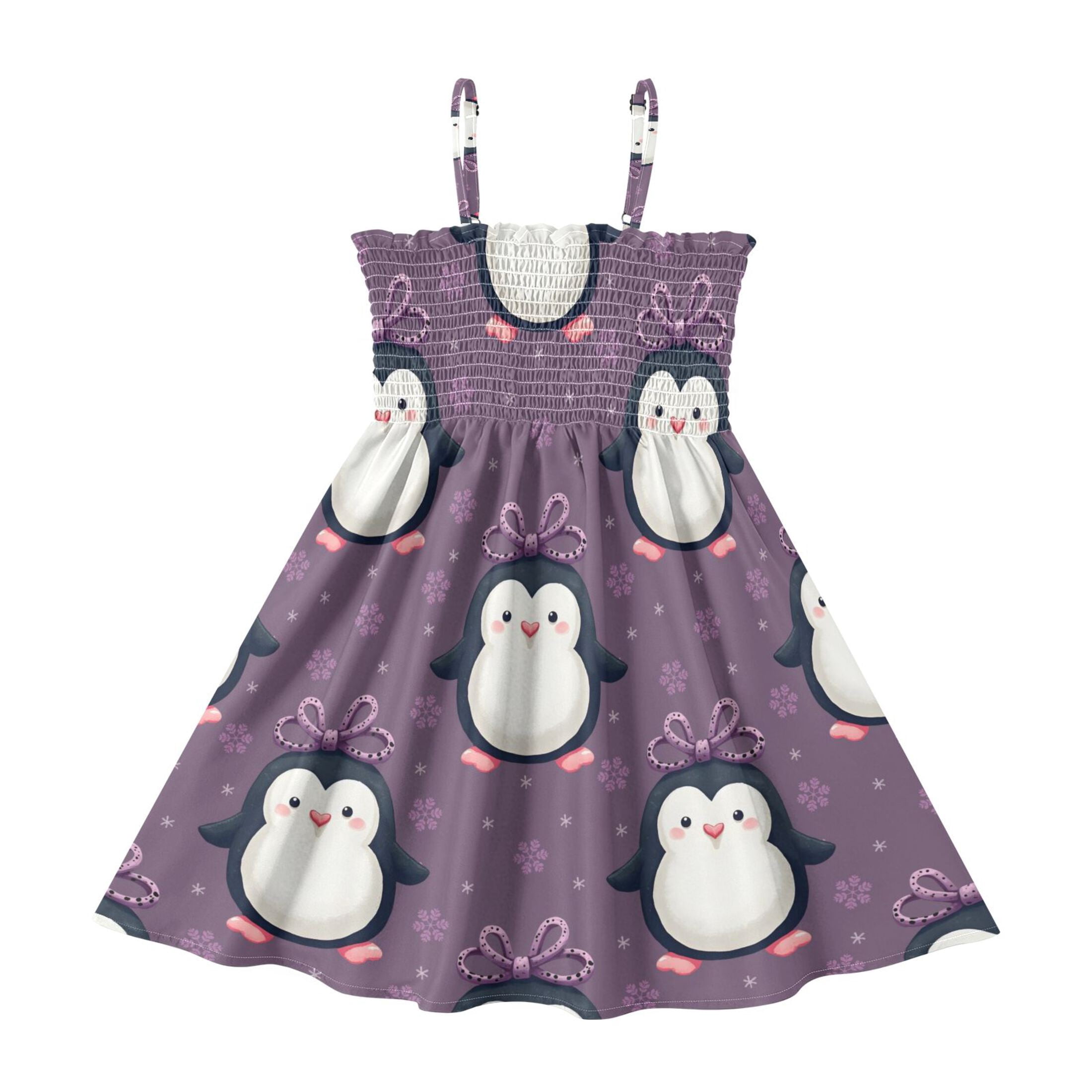 Cute Penguin Pattern Girls' Casual Dresses 2Y-8Y Sleeveless Ruffle Neck ...