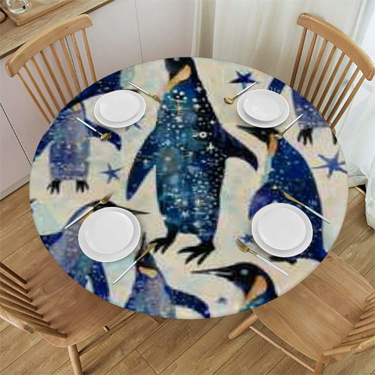 Cute Penguin Round Elastic Tablecloth Wrinkle Resistant Waterproof ...