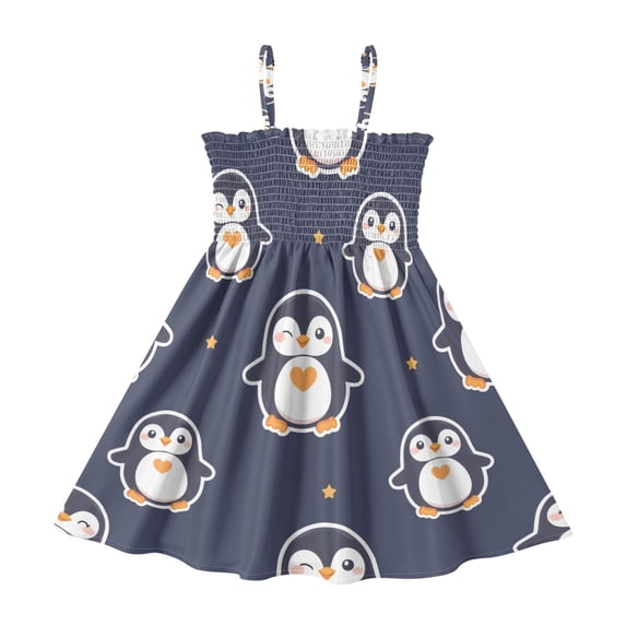 Cute Penguin Star Pattern Girls' Casual Dresses 2Y-8Y Sleeveless Ruffle ...
