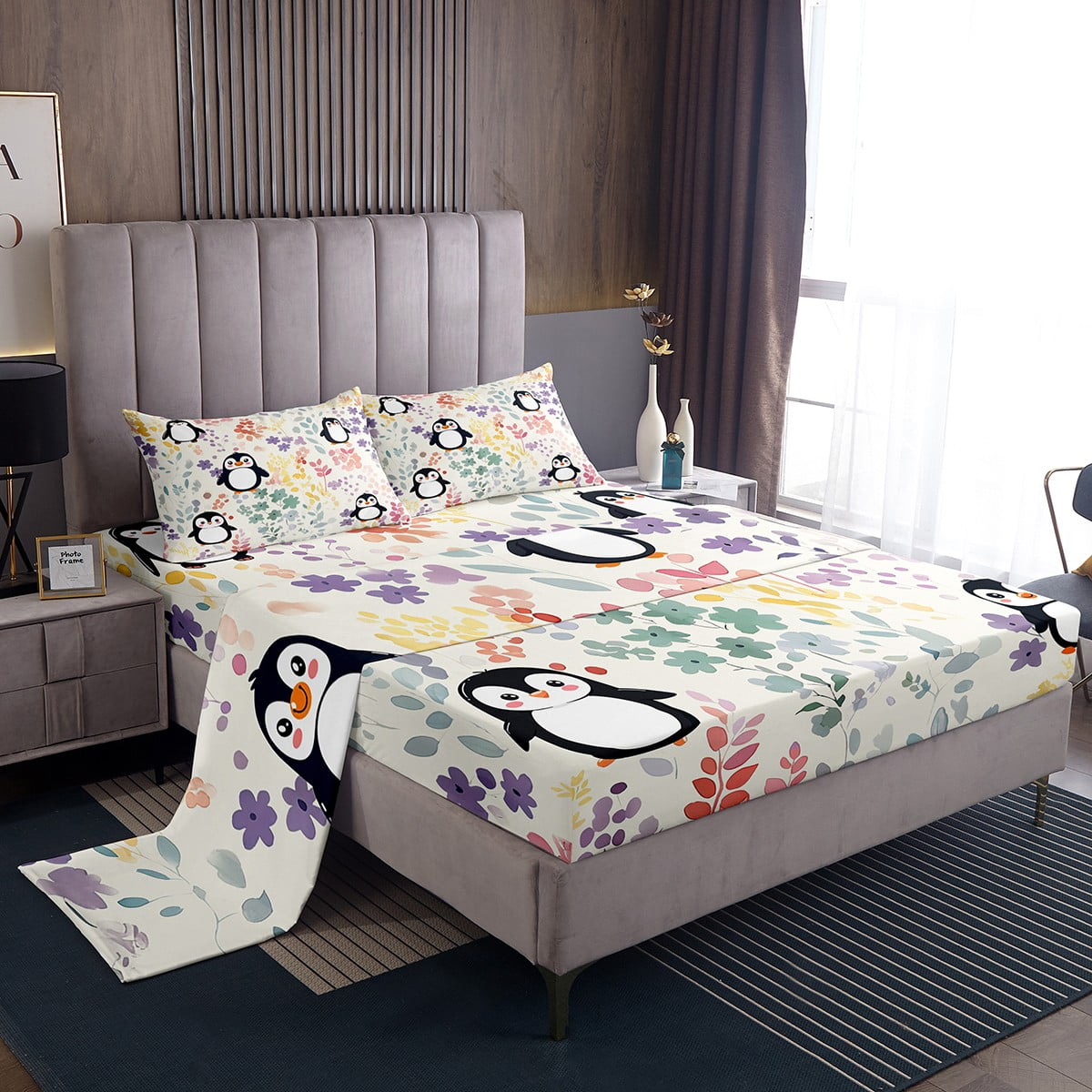 Cute Penguin Twin Bed Sheets Set,Colorful Flower Penguin Kawaii Bedding ...