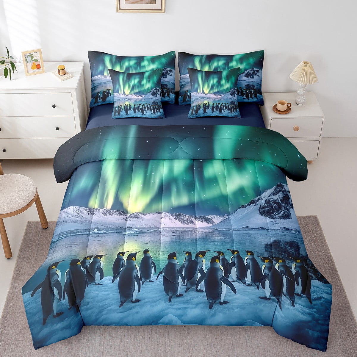 Cute Penguins Comforter Set with Sheets Aurora Starry Galaxy 7 Piece ...