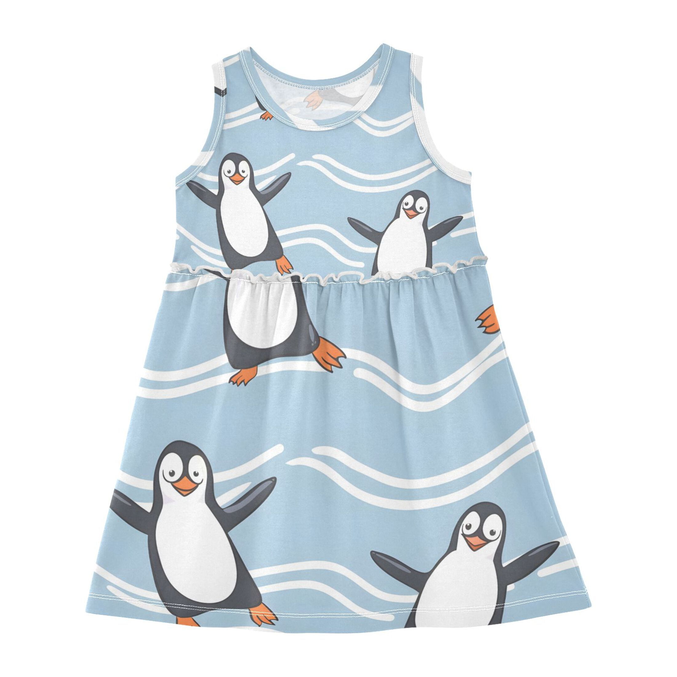 Cute Penguins Dancing Waves Girls' Sleeveless Dress A-Line One-Piece ...