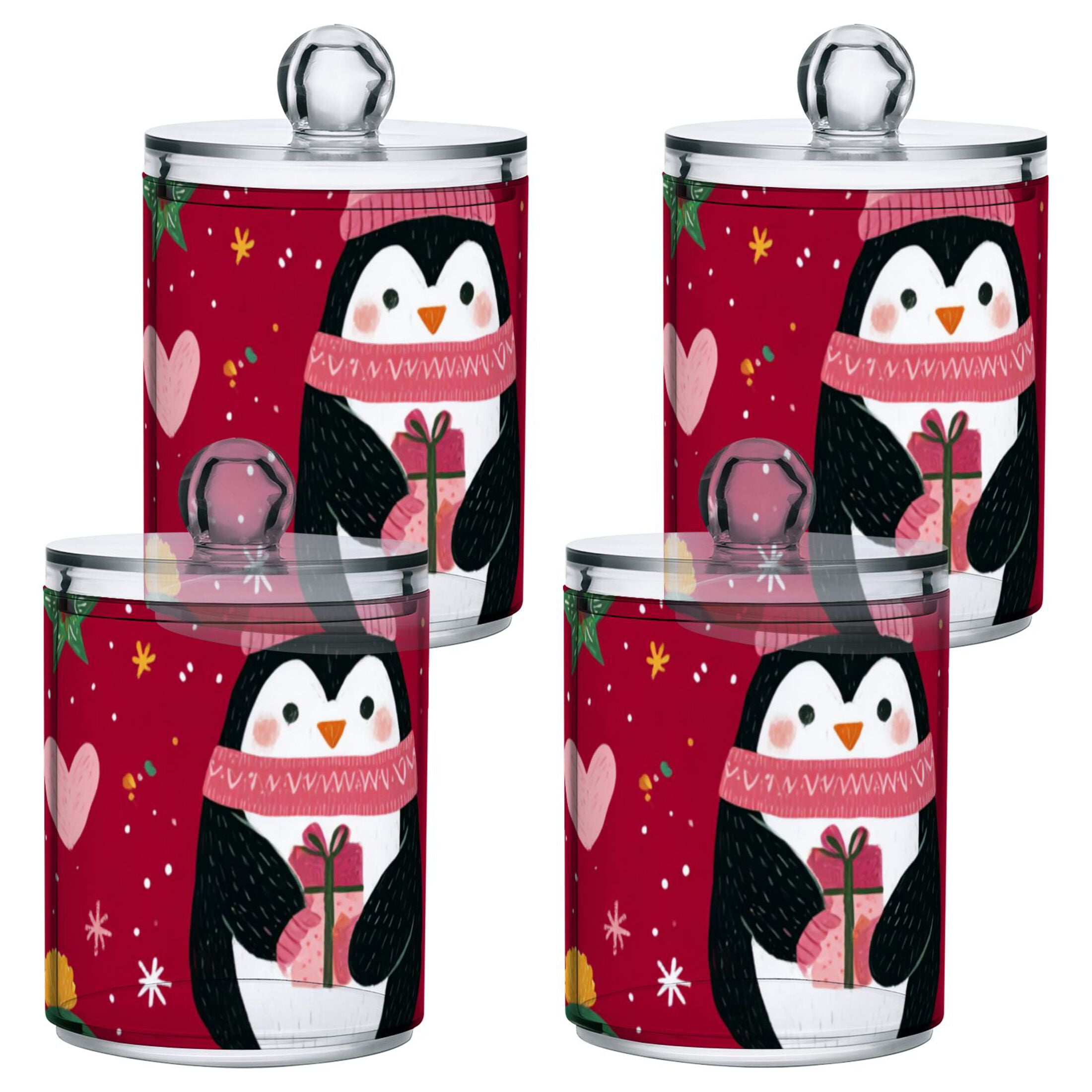 Cute Penguins Holding Christmas Gifts Flowers Translucent Plastic Cans ...