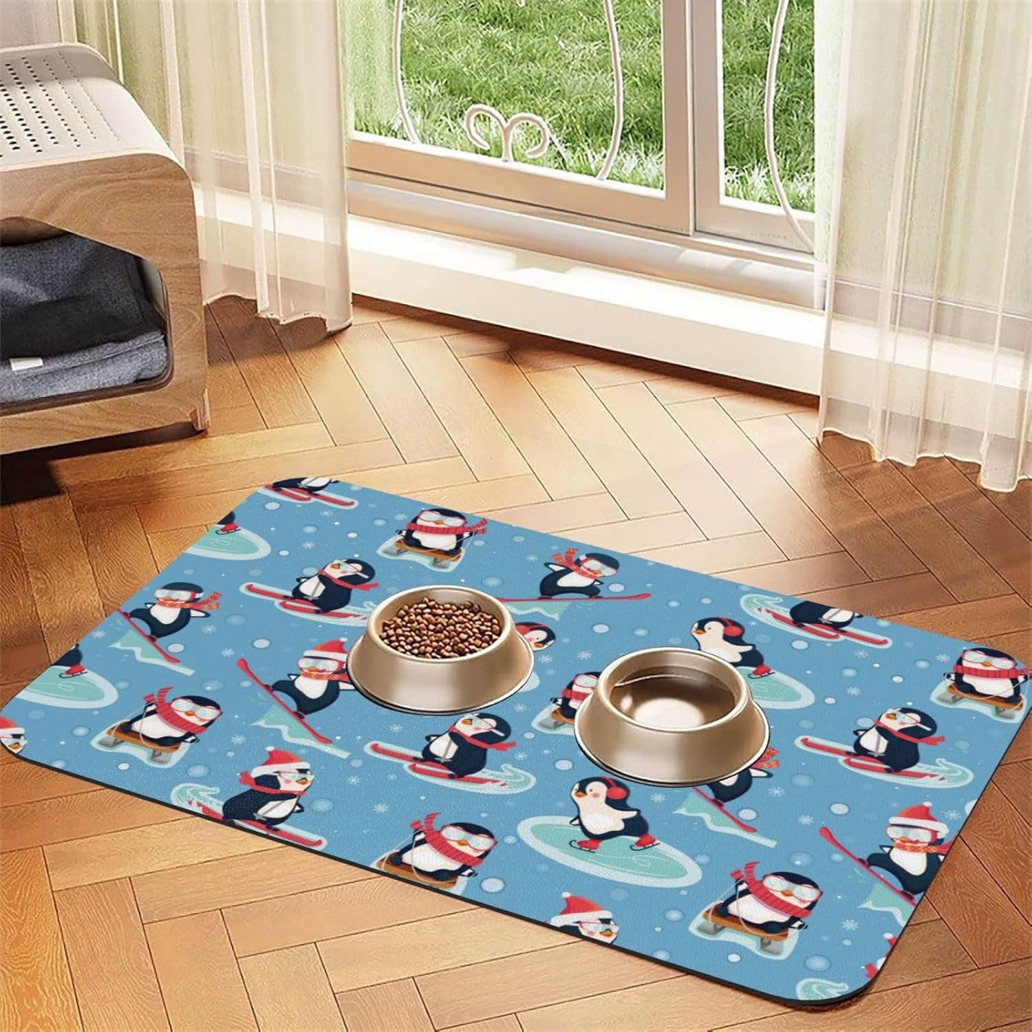 Cute Penguins Sport Pet Food Mat Absorbent Cat Dog Food Mat Quick Dry ...