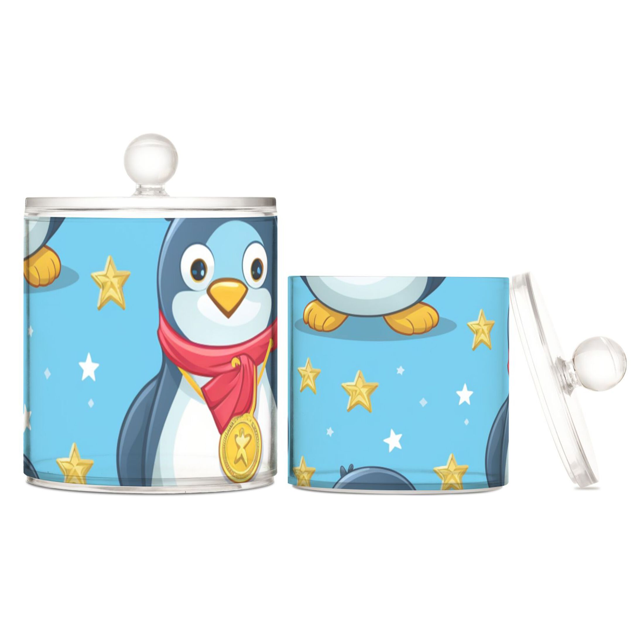 Cute Penguins with Gold Medals Stars Cartoon Translucent Plastic Cans ...