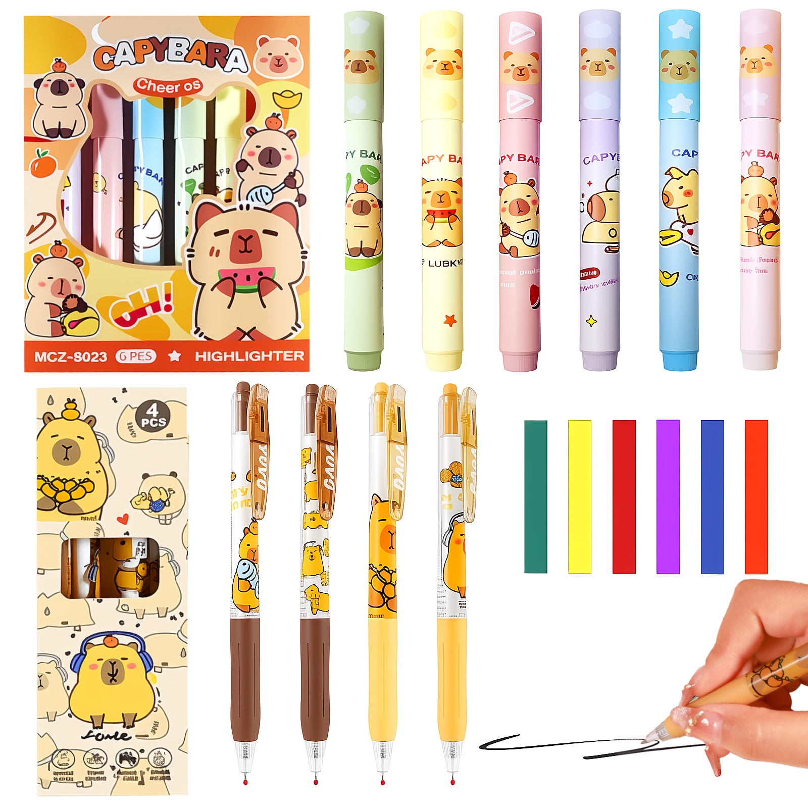 Cute Pens and Highlighters Set 4Pcs Cute Capybara Pen 0.5mm Black Ink ...