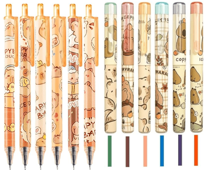 Cute Pens and Highlighters Set 6Pcs Cute Capybara Pen 0.5mm Black Ink ...