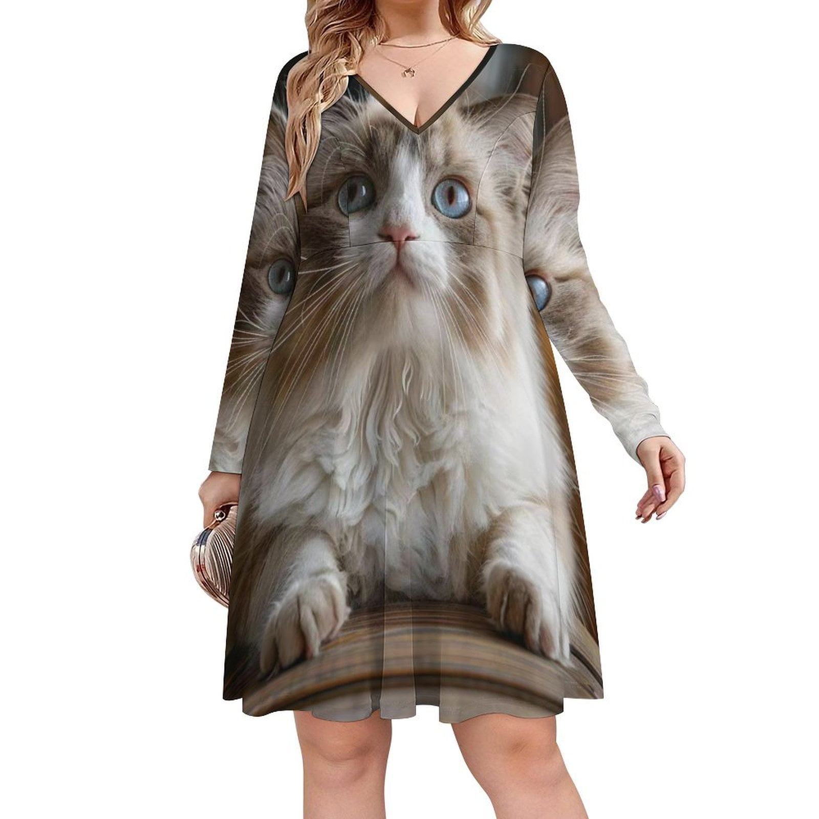 Cute Persian Cat Long Sleeve Dresses For Women Vintage Elegant Party Dress Oversized V-neck ...