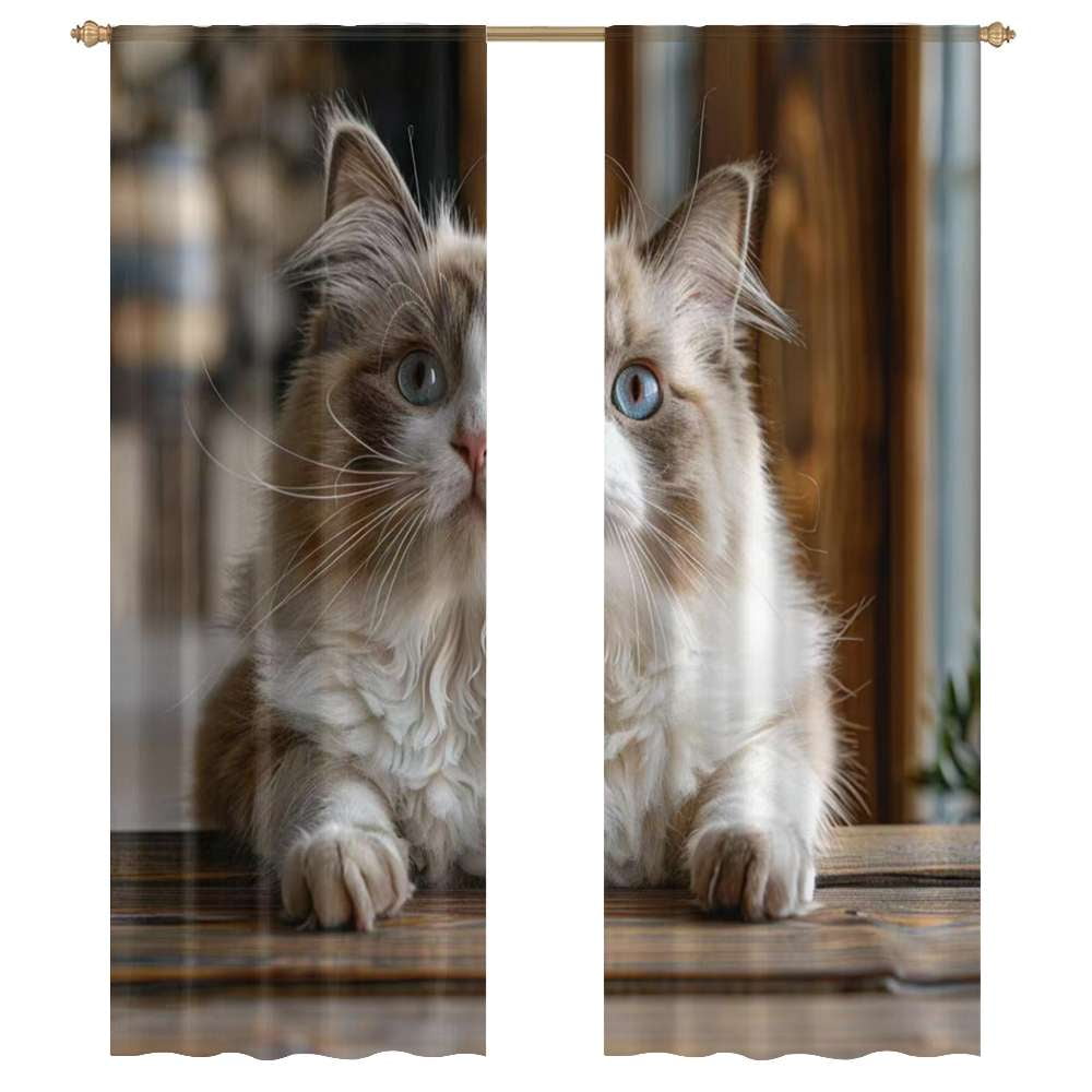 Cute Persian Cat Sheer Window Curtains for Living Room Kitchen Bedroom ...