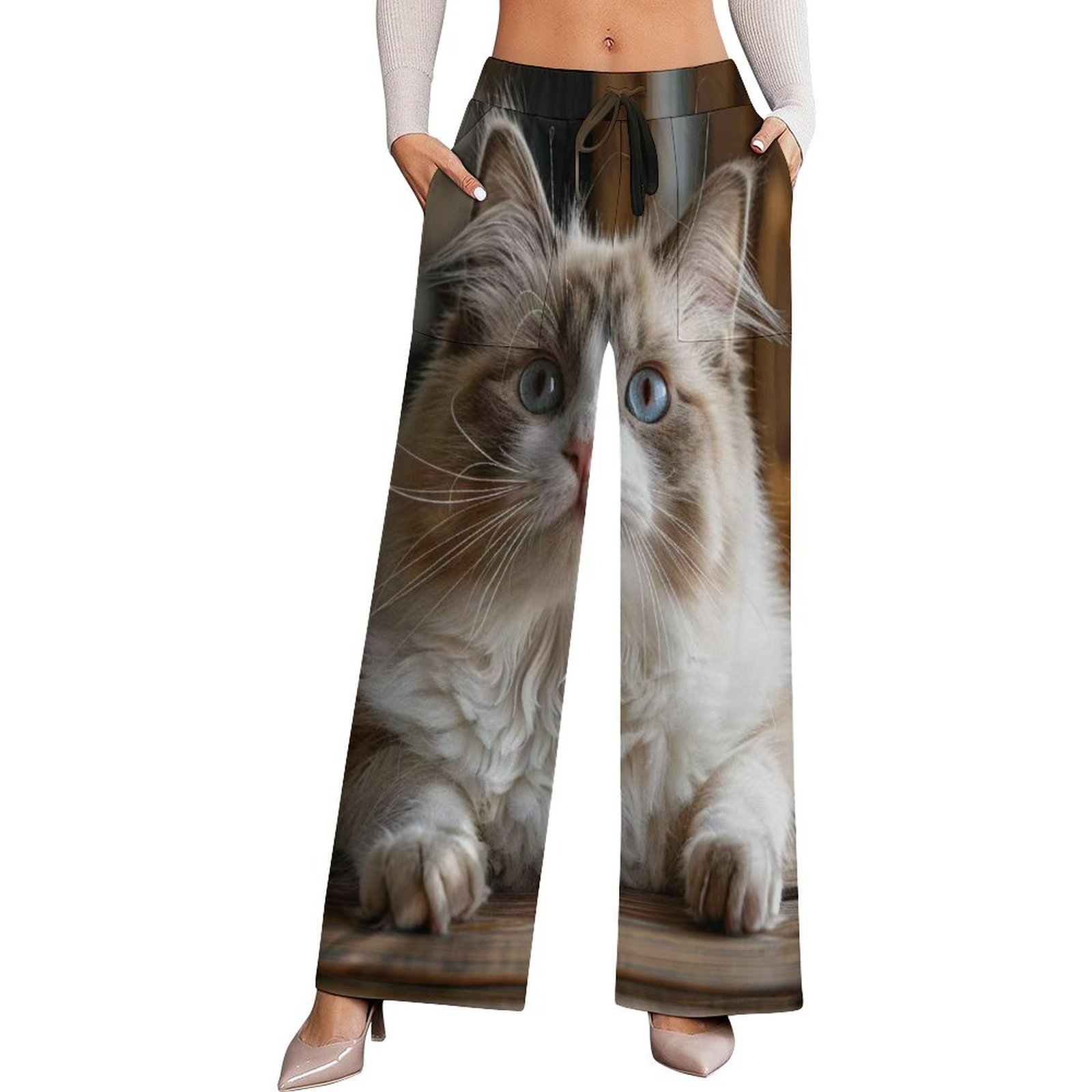 Cute Persian Cat Women's Casual Wide Leg Pants Comfort Pockets Elastic ...